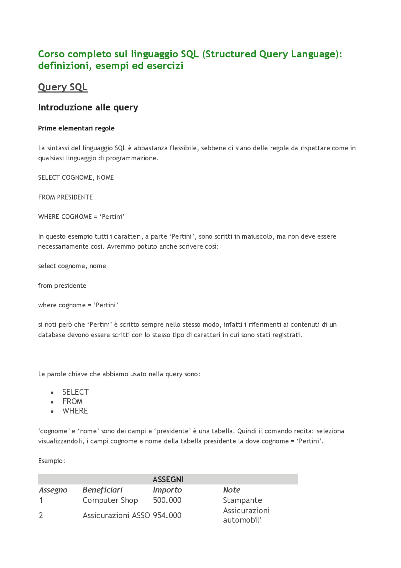 Corso sql con relativi comandi - Docsity