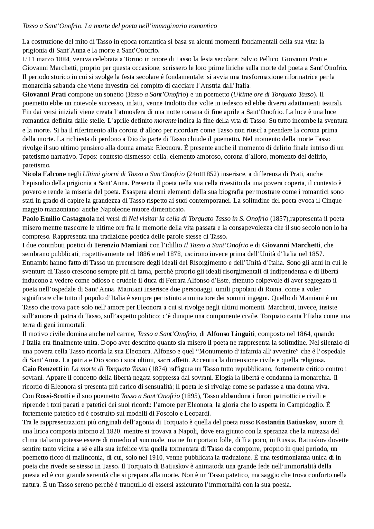 Letteratura Italiana Tasso Docsity