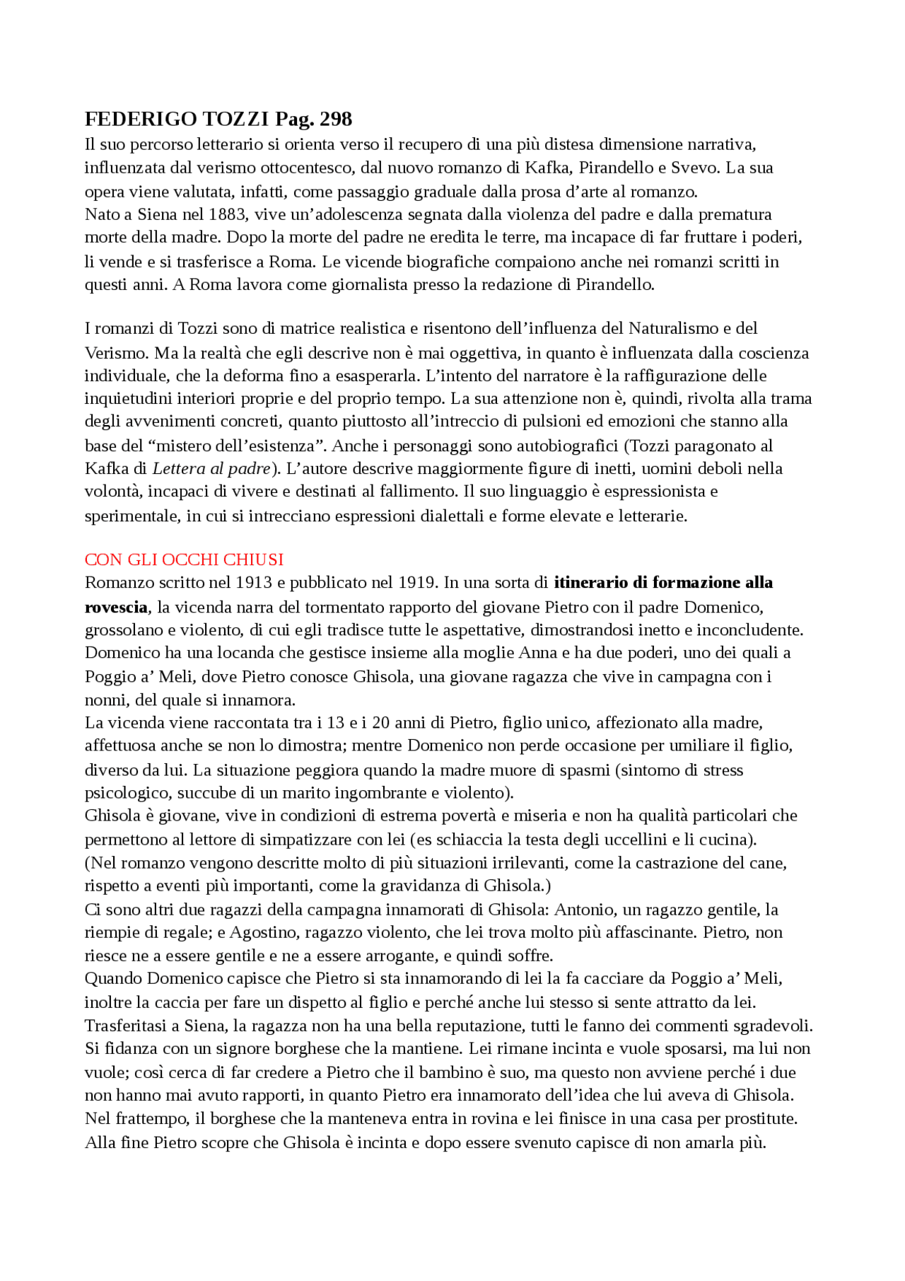 Federigo Tozzi Con Gli Occhi Chiusi Docsity
