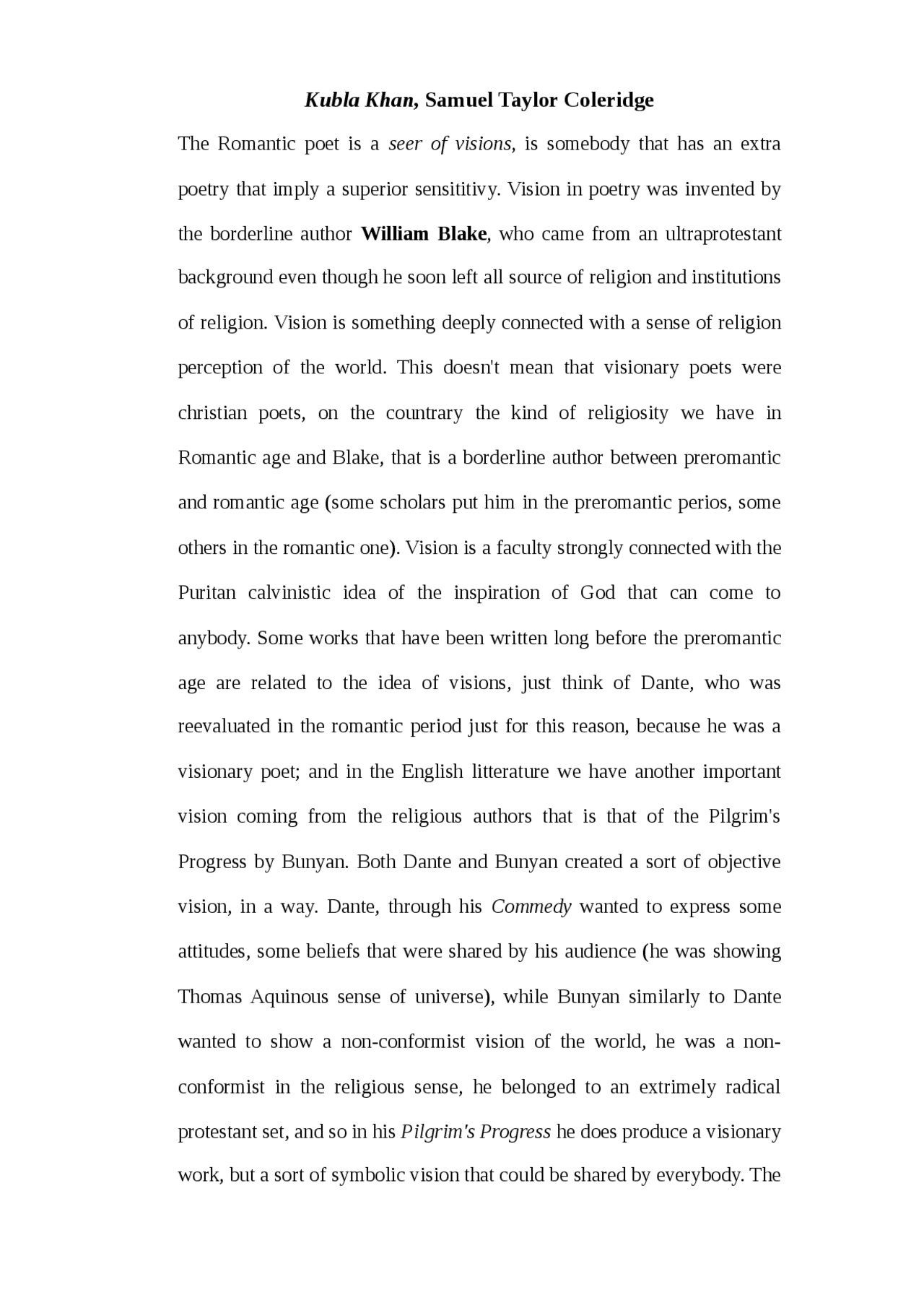 Coleridge Kubla Khan Docsity