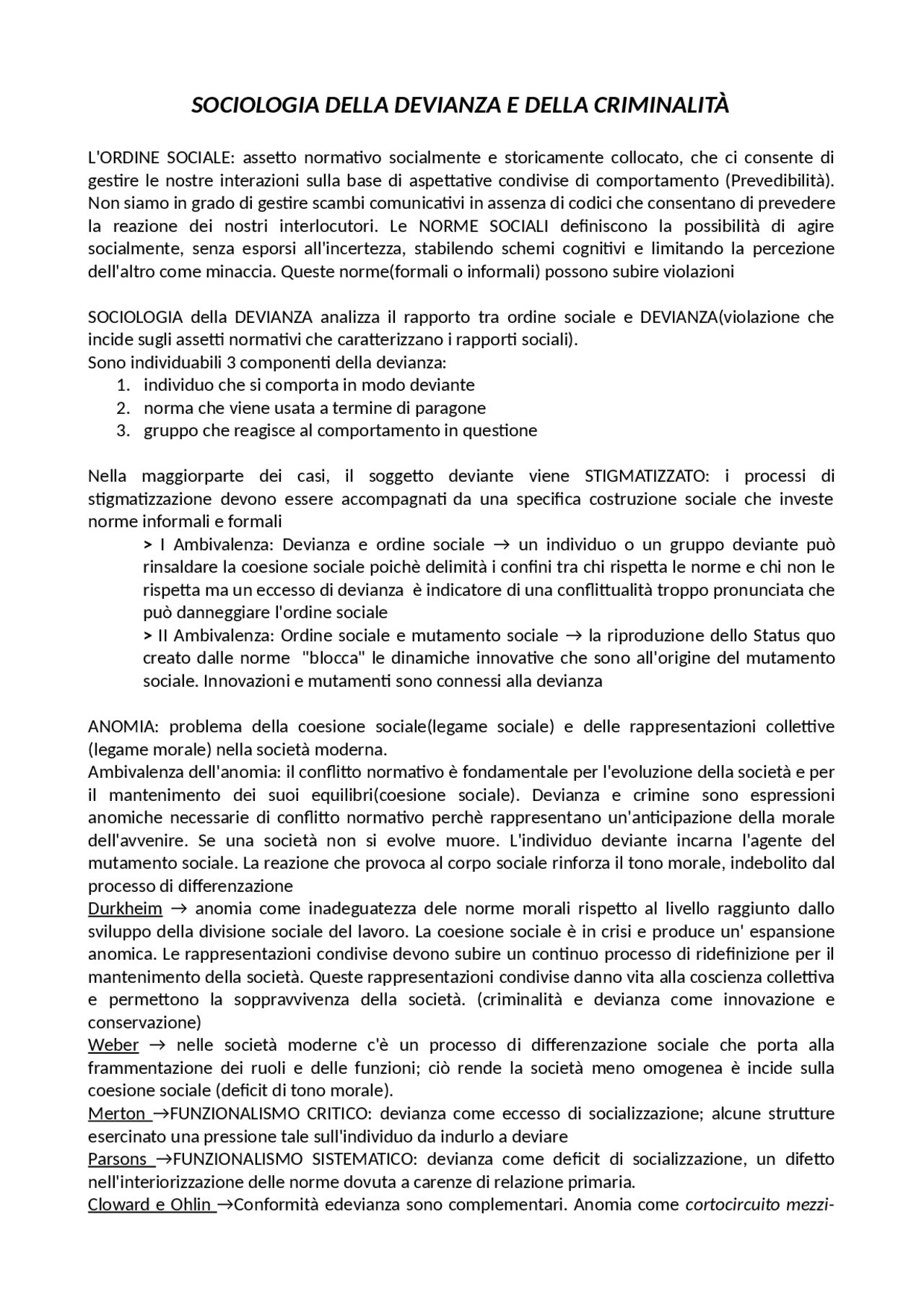 Sociologia Della Devianza E Della Criminalità Docsity