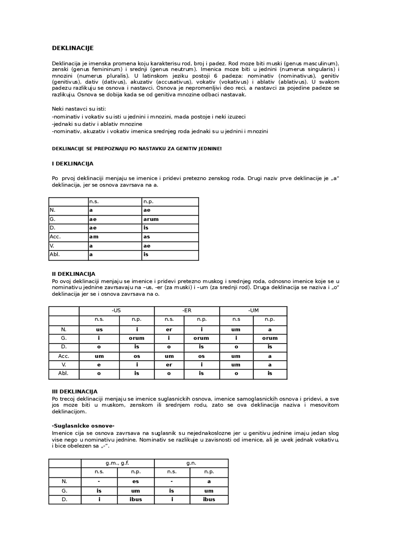 Deklinacije Latinski Jezik Beleške Predlog Latinski Jezik Docsity