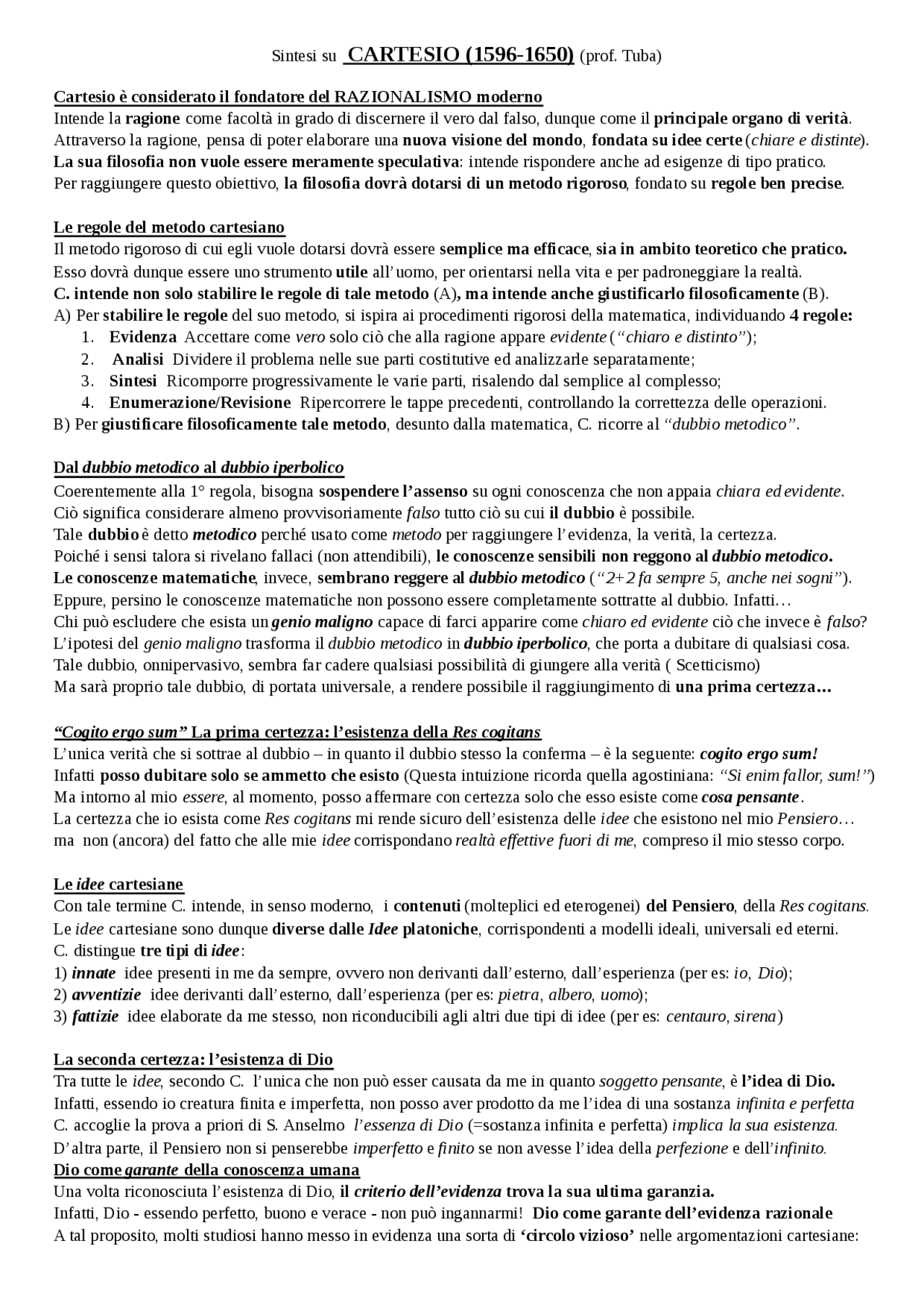 Riassunto Pensiero Filosofico Cartesio Docsity