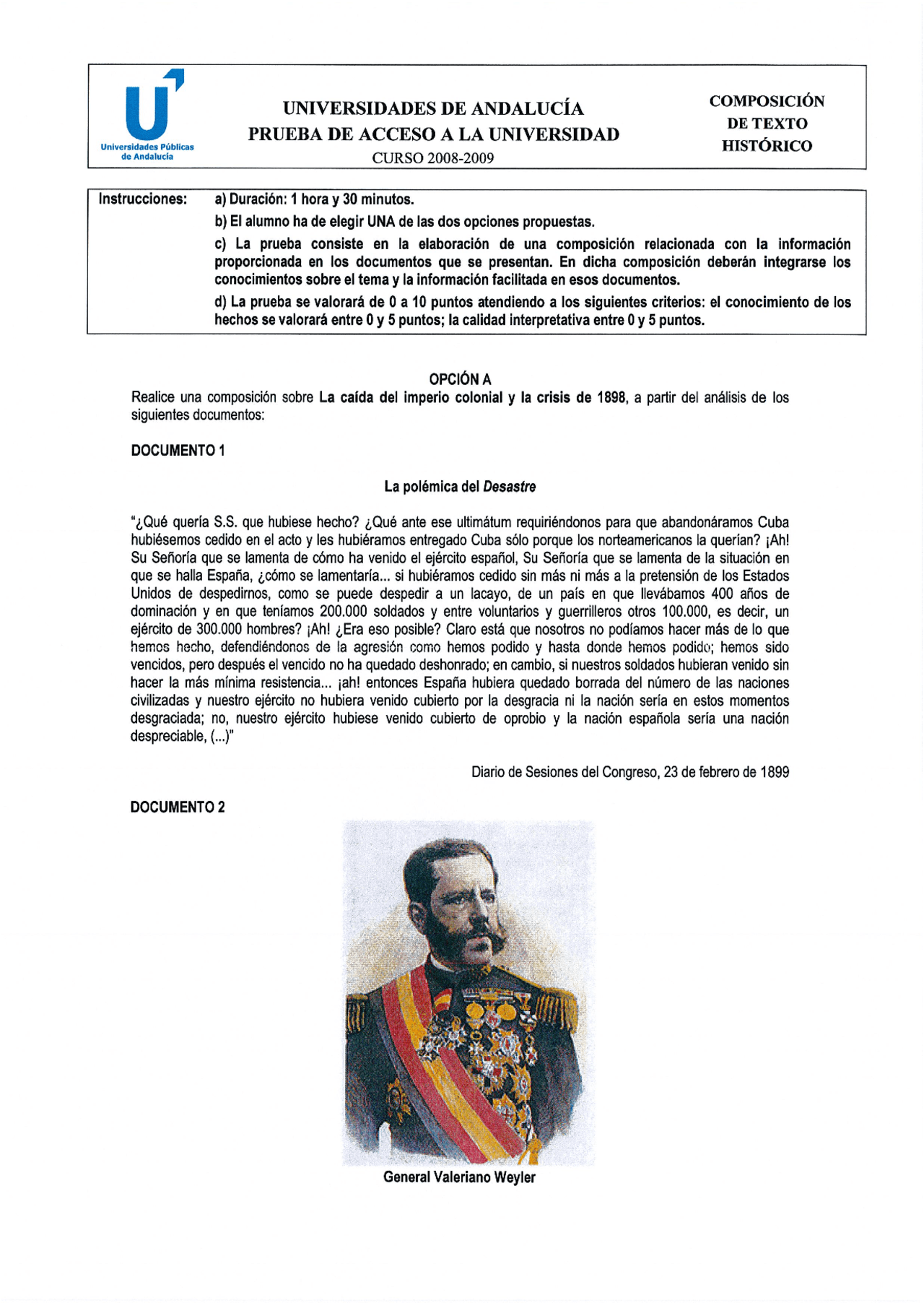 Examen Andalucia Selectividad Historico 3 Docsity