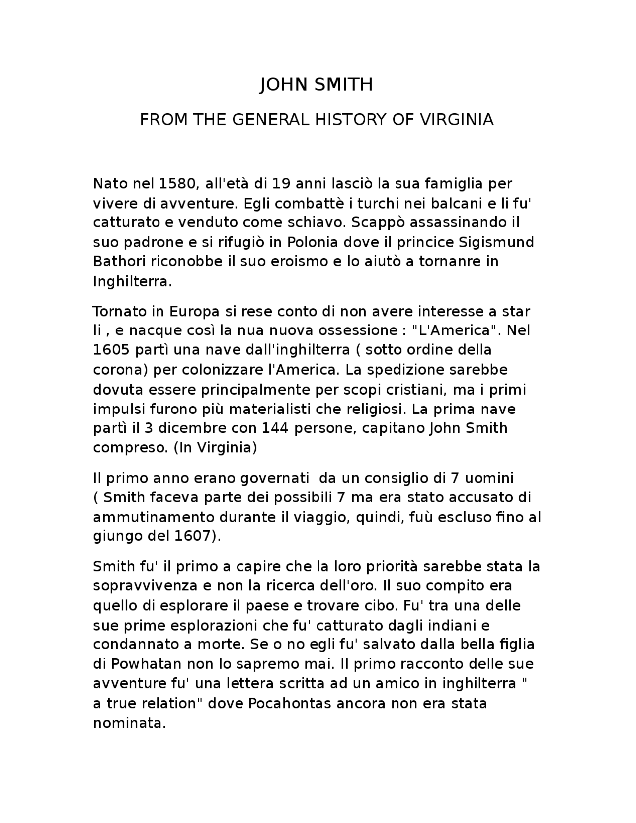 John Smith "from the general history of Virginia..." - Docsity