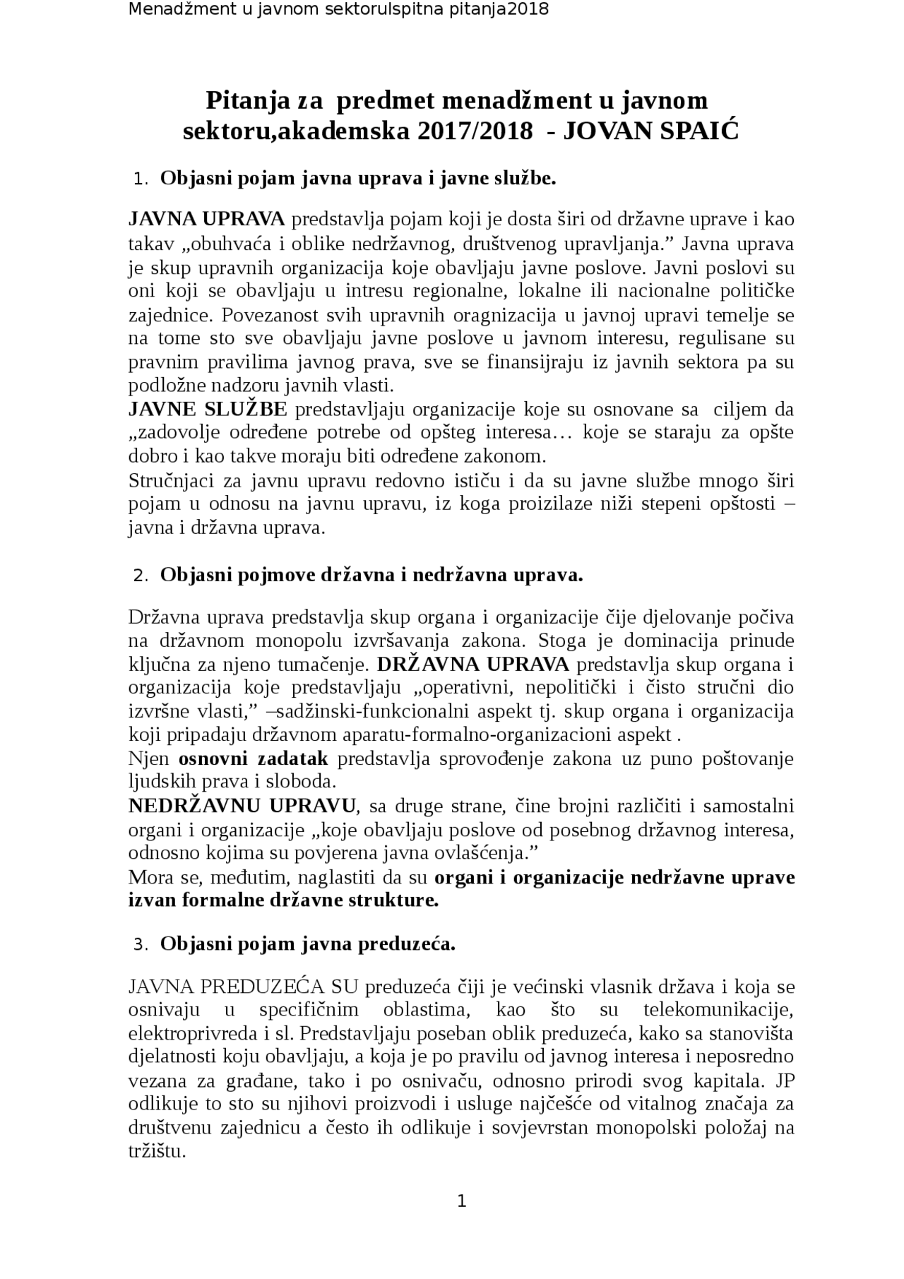 JAVNI SEKTOR MENADZMENT | Ispiti' predlog Business Management and Analysis - Docsity