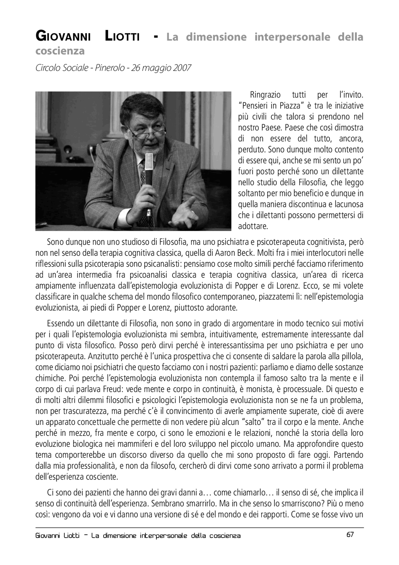 Liotti la dimensione e lo sviluppo della coscienza interpersonale - Docsity