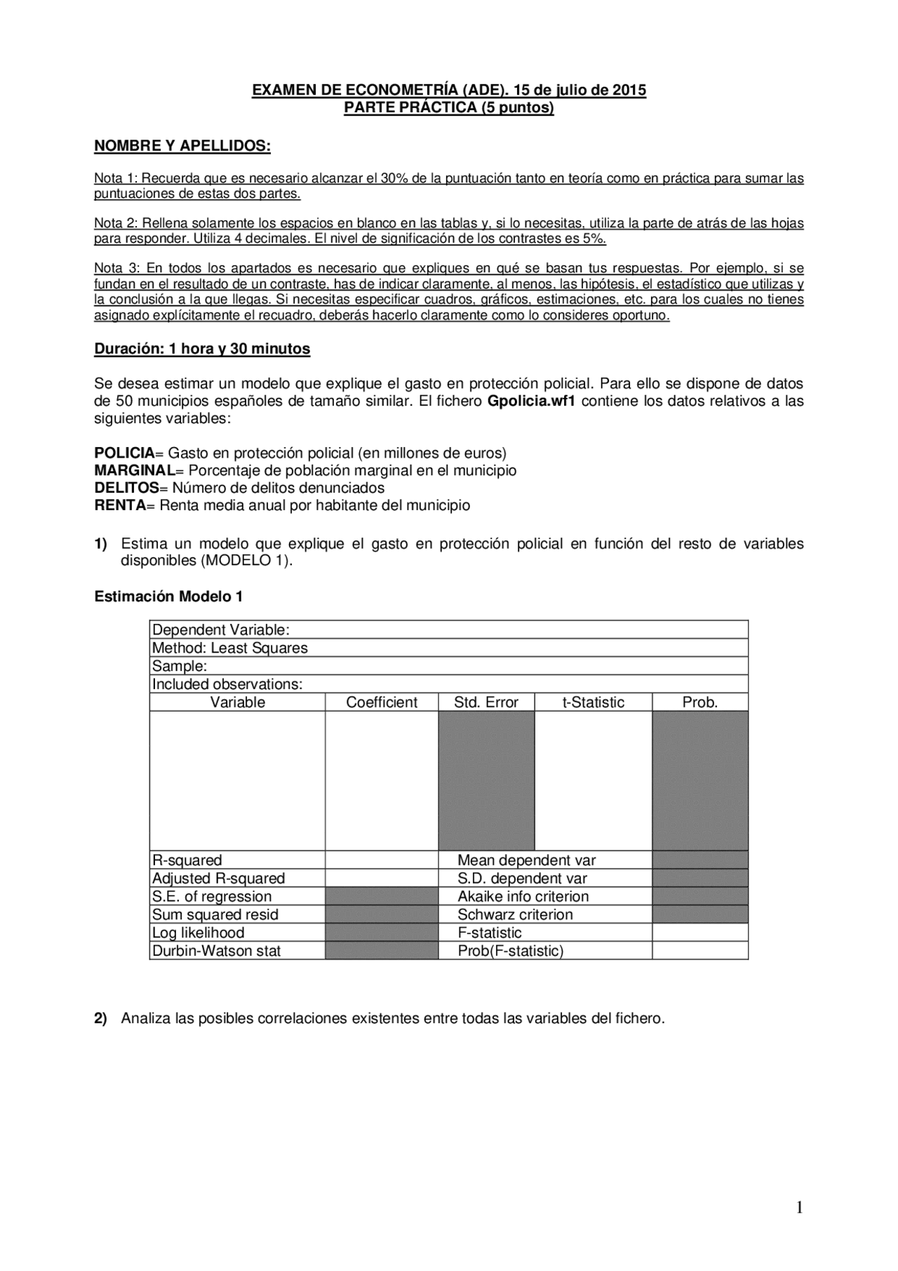 Examen Practico De Econometría I Julio 2015 Uva Docsity