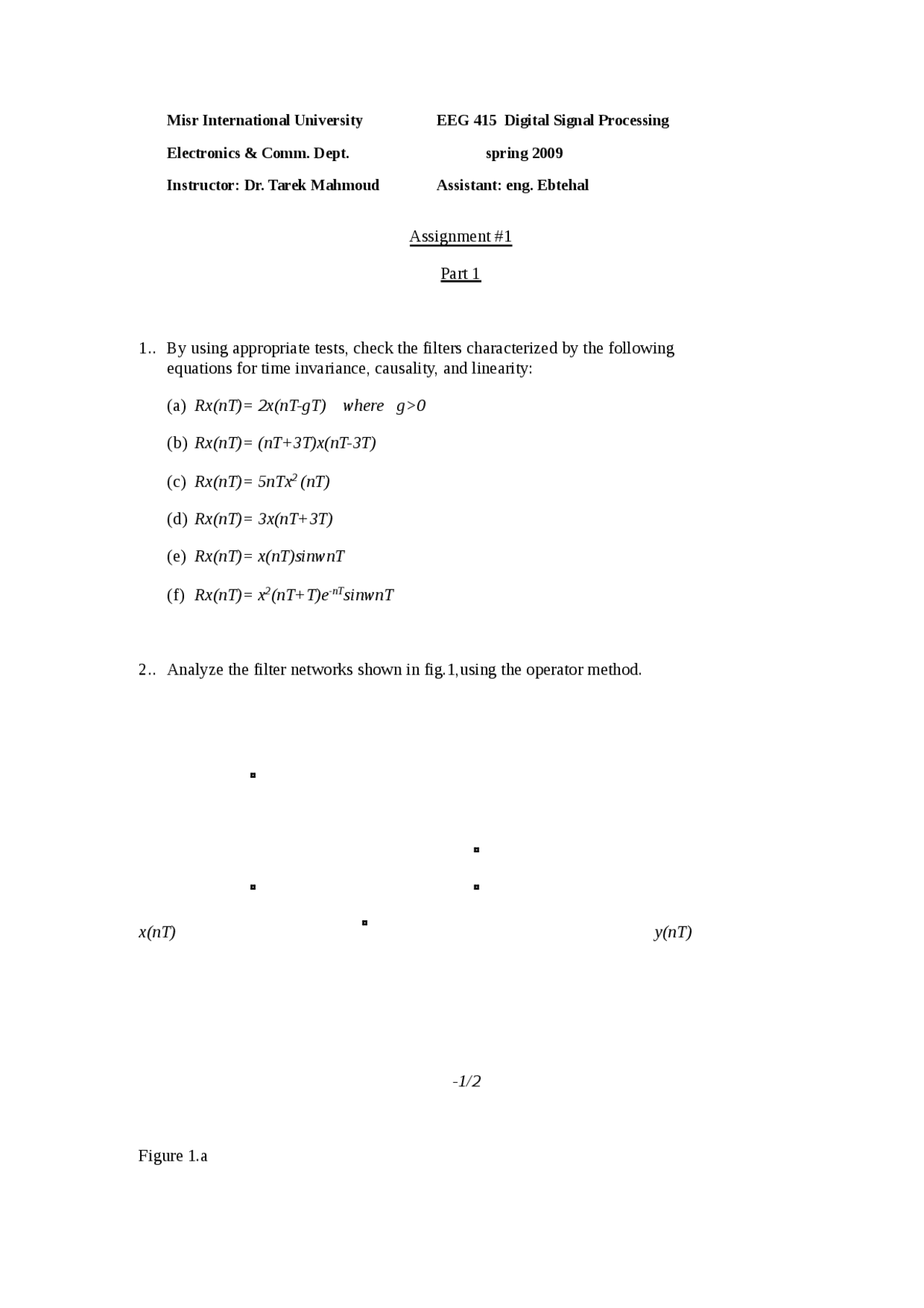 Digital Signal Processing Assignment: Time Invariance, Causality, and Linearity | Exercises ...