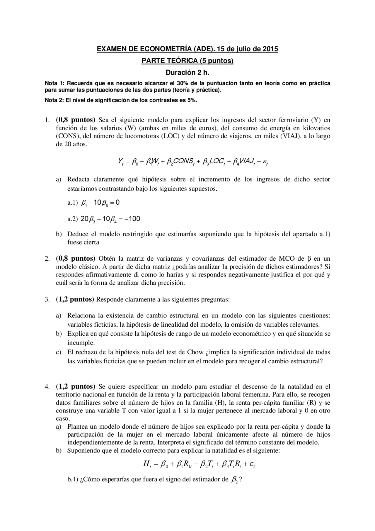 Examen Teoria De Econometría I Julio 2015 Uva Docsity