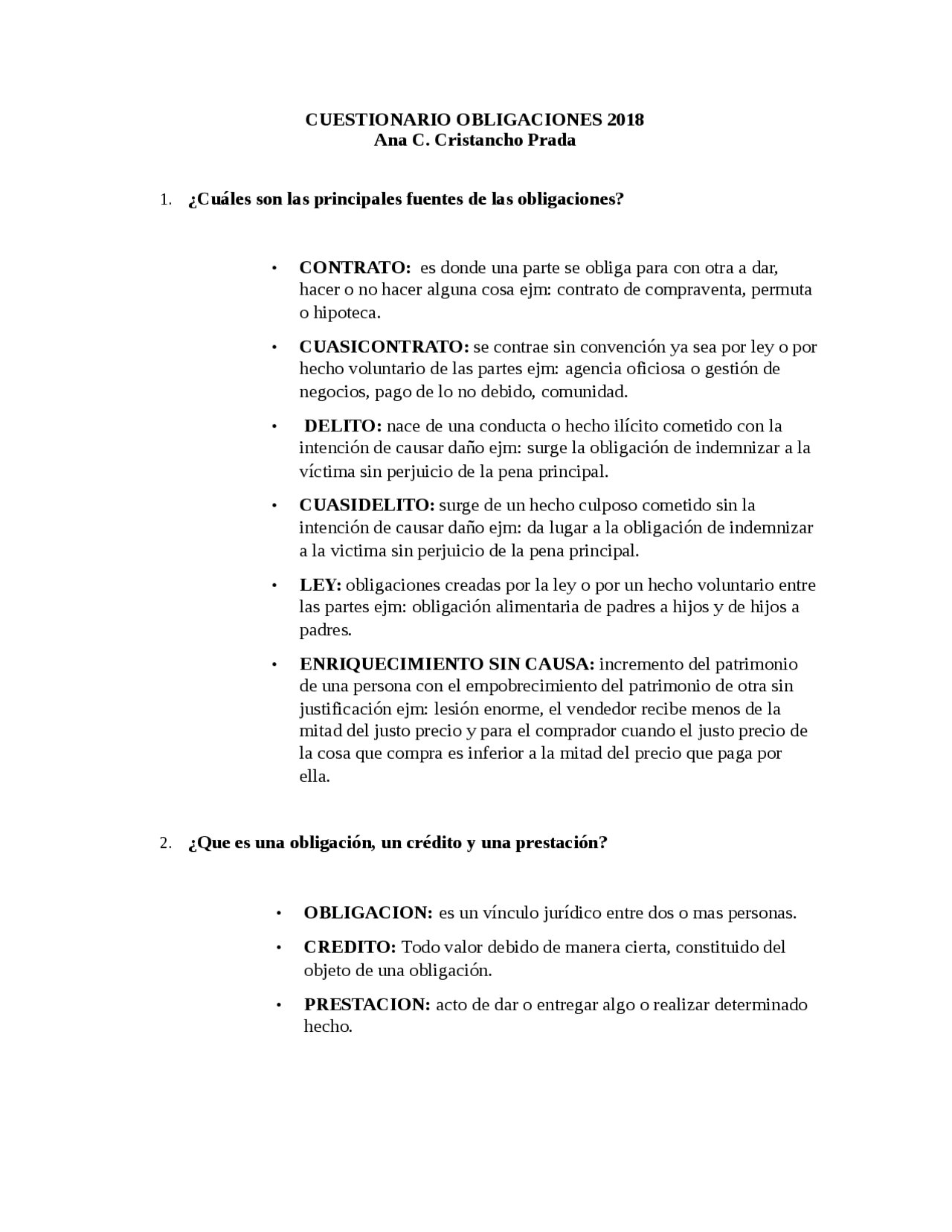 Cuestionario OBLIGACIONES - Docsity