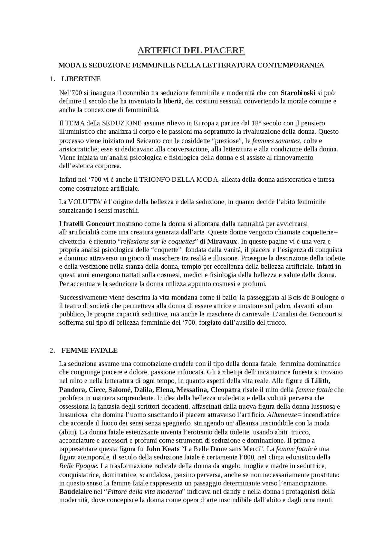 Artefici Del Piacere Appunti Di Letteratura Docsity