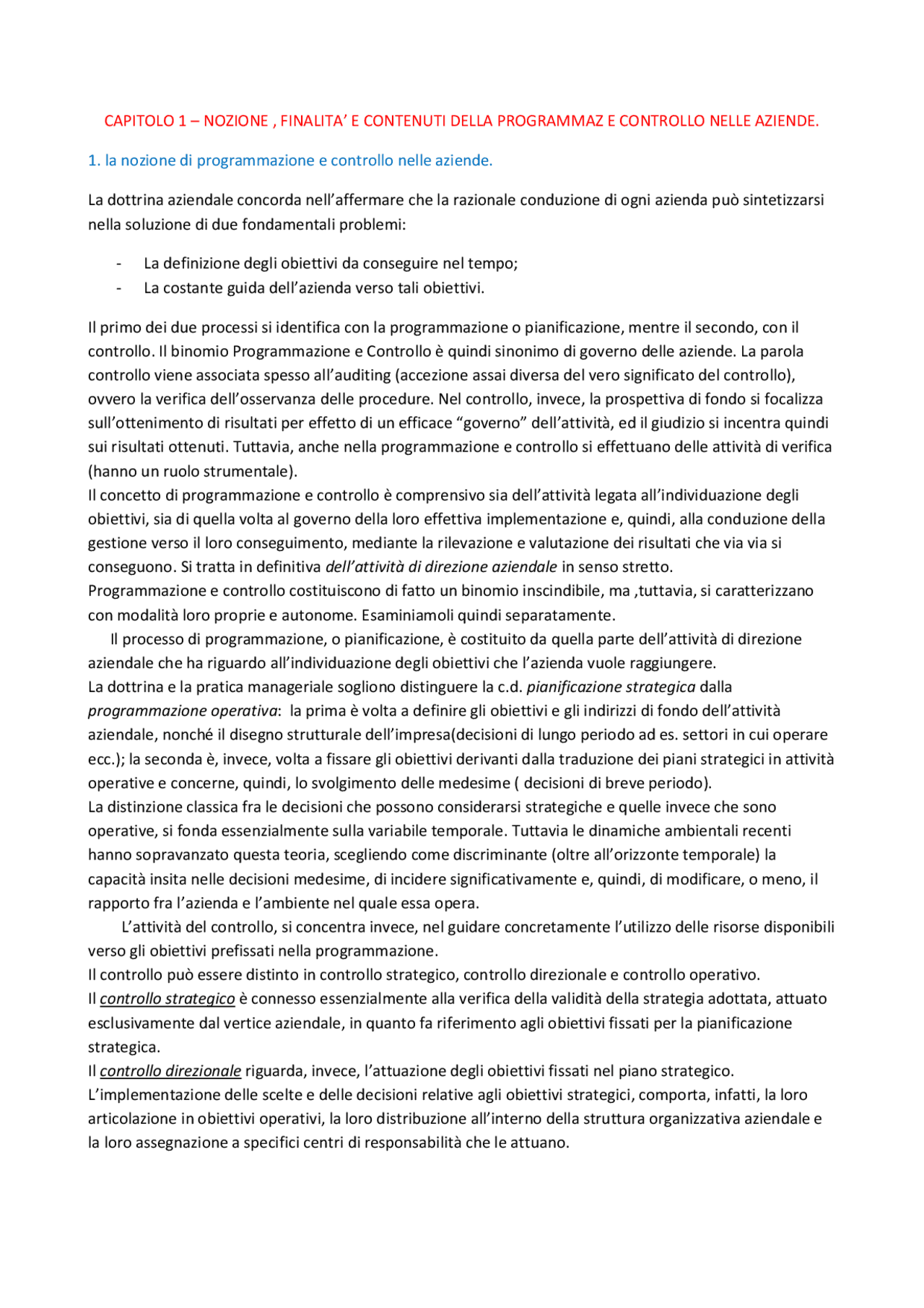 Riassunto Programmazione E Controllo Docsity
