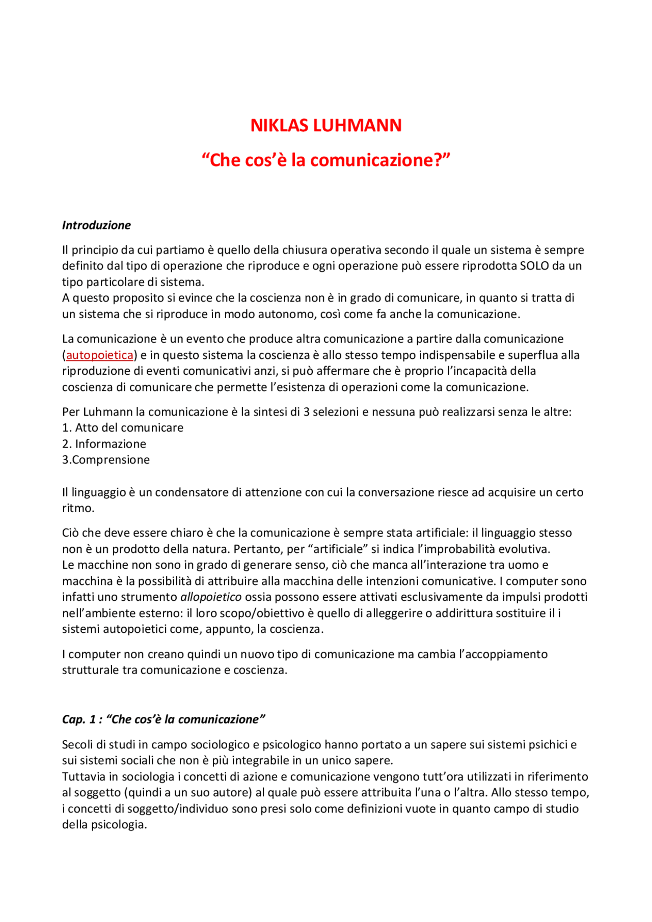 Che Cosè La Comunicazione Niklas Luhmann Docsity