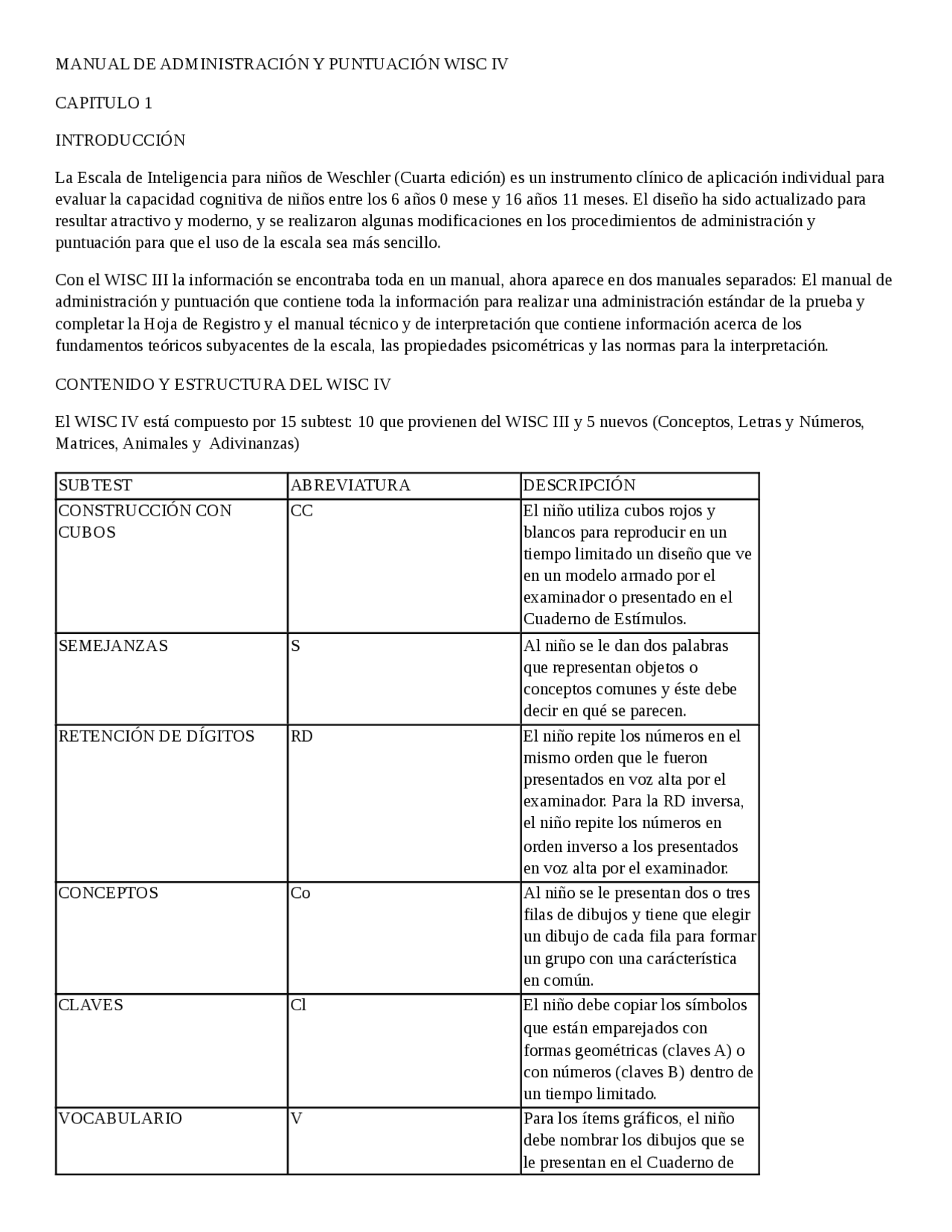 Wisc Iv NiÑos Explicacion Del Test Apuntes De Psicometría Docsity
