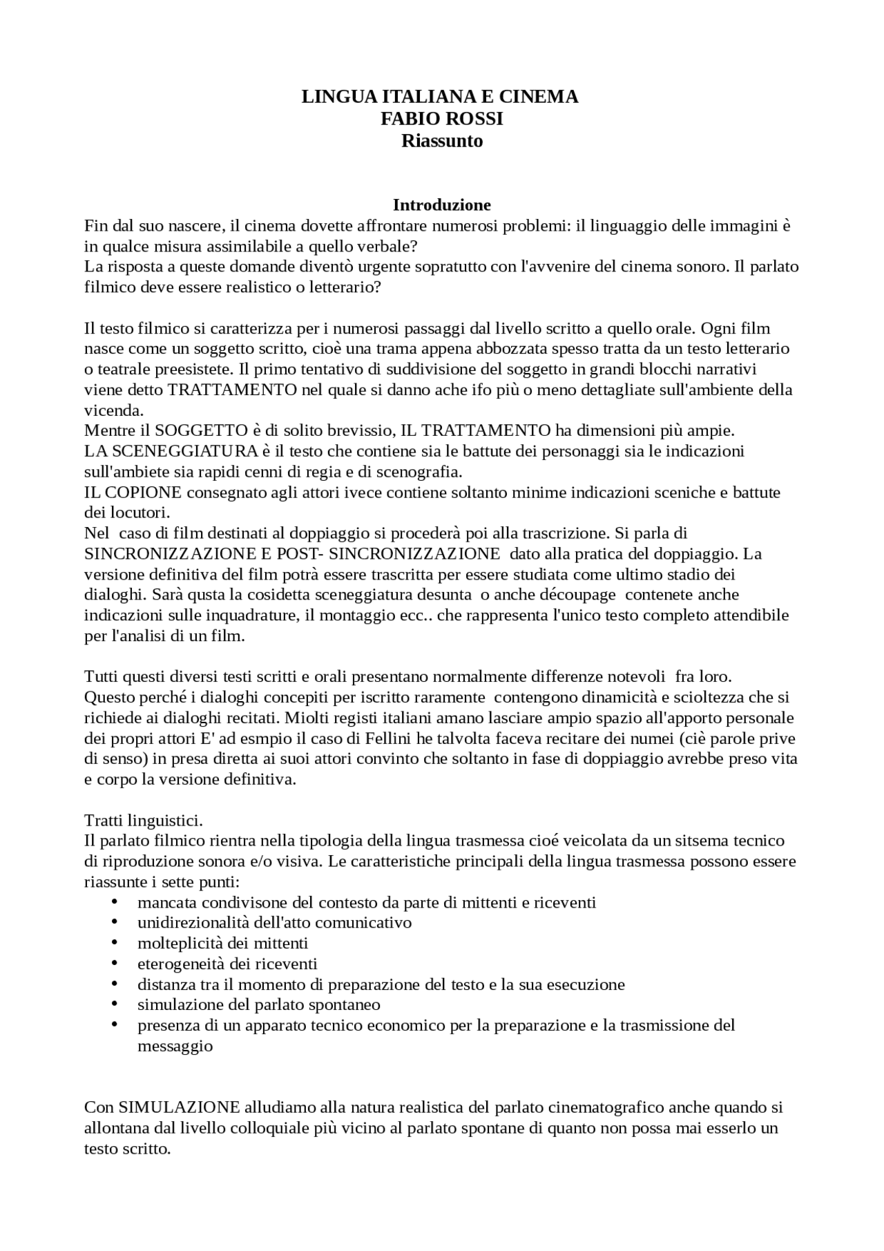 Lingua italiana e Cinema - Docsity