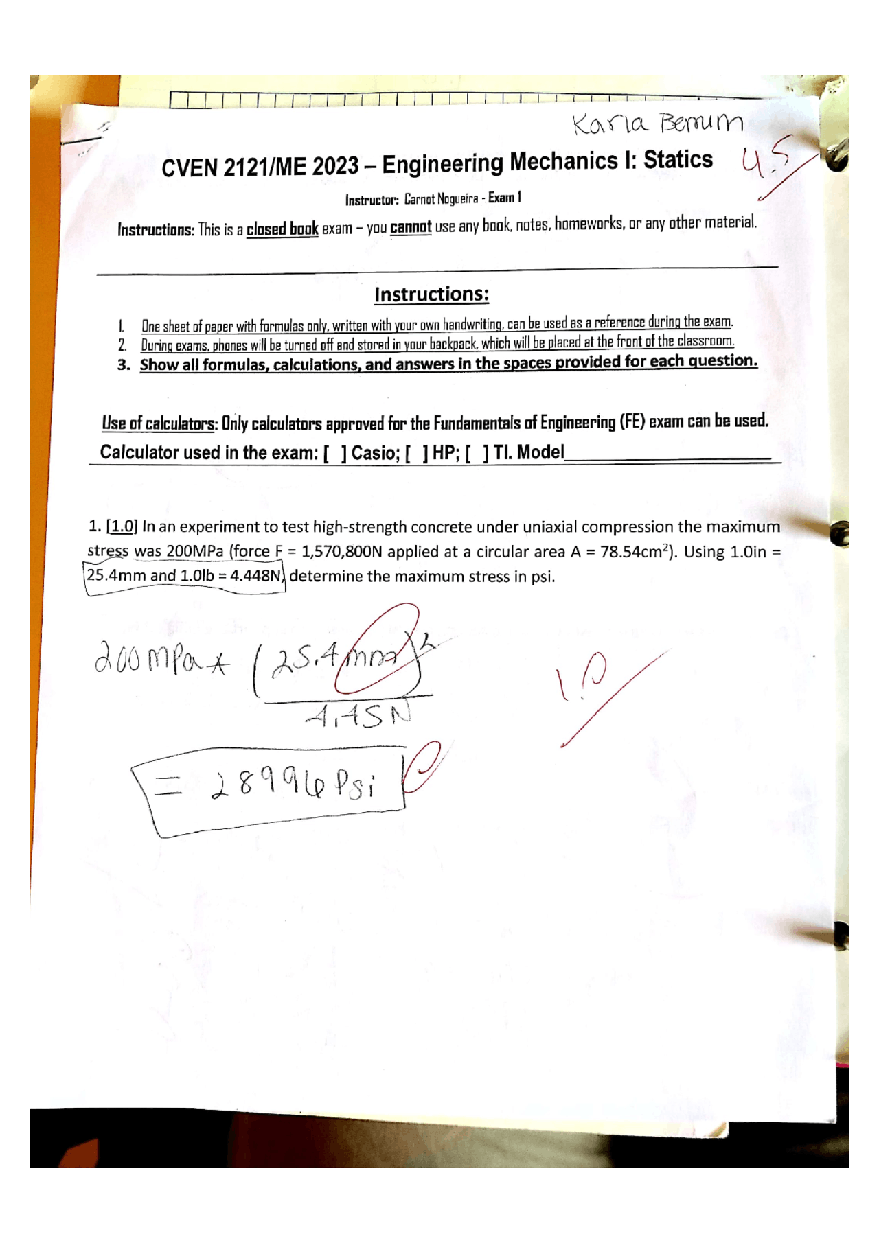 3 Questions with Solution of Engineering Mechanics: Statics - Exam 1 | CVEN 2121 - Docsity