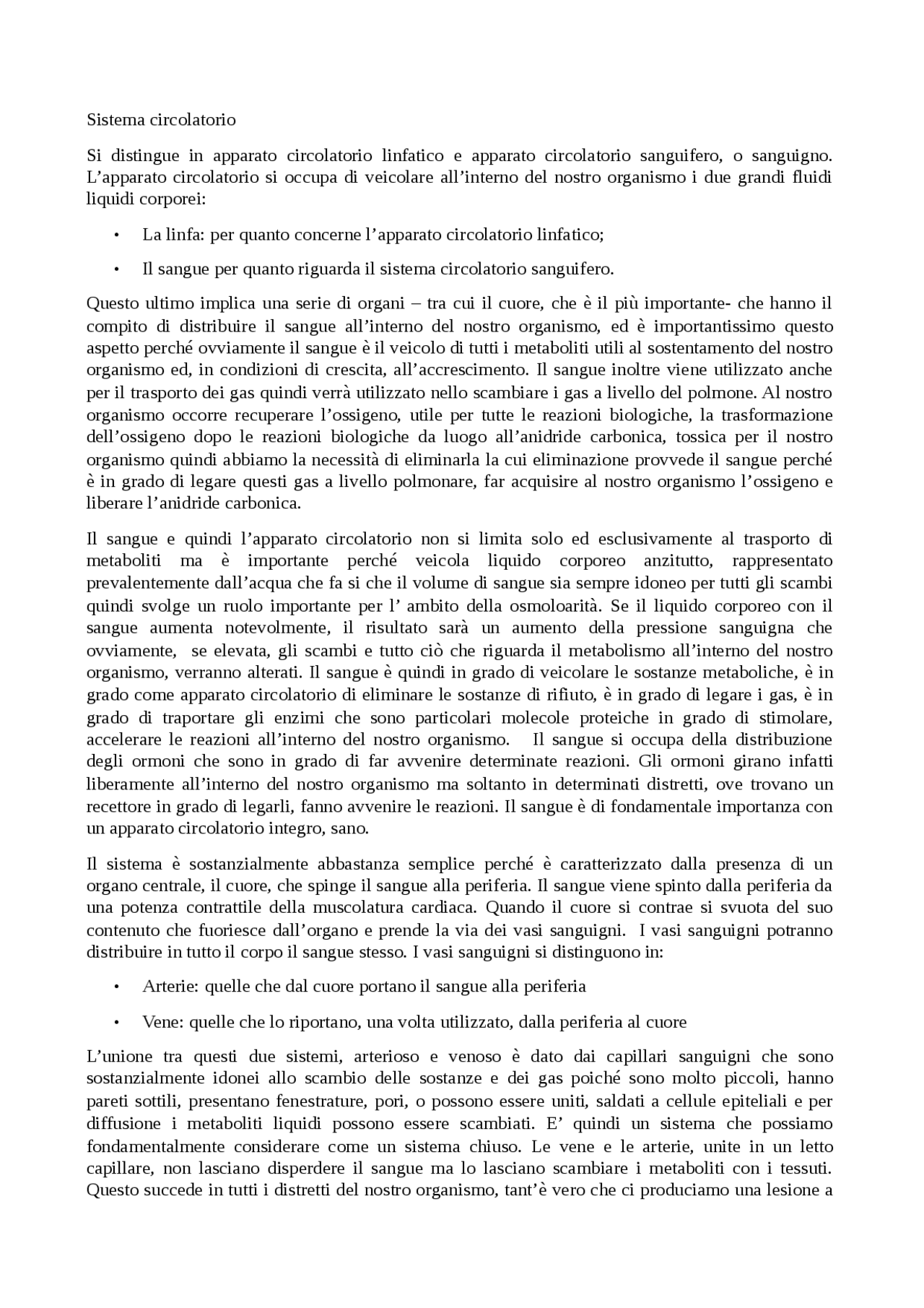 Riassunti Di Sistema Nervoso E Apparato Circolatorio Docsity