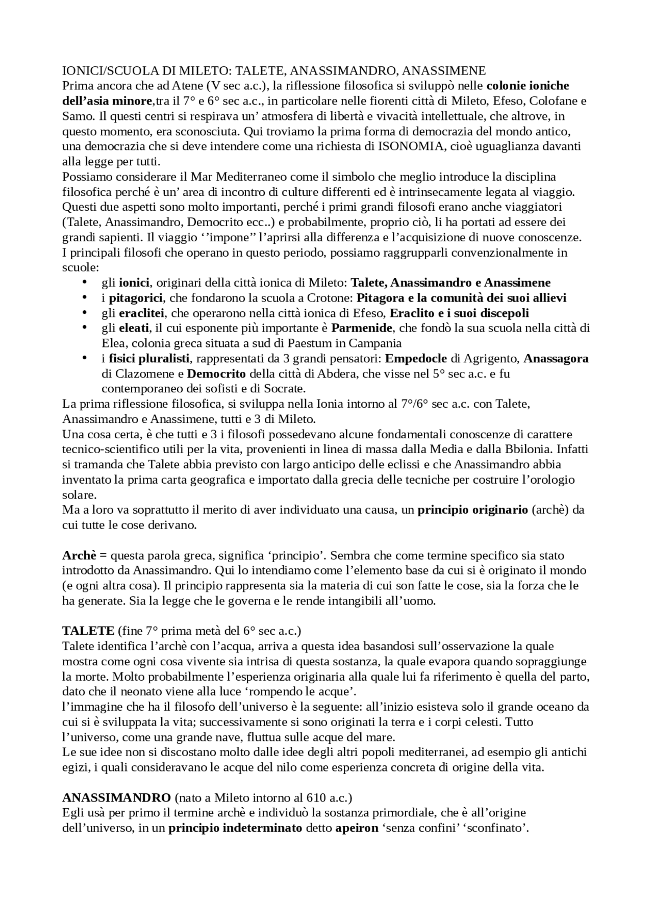 Talete Anassimandro E Anassimene Docsity