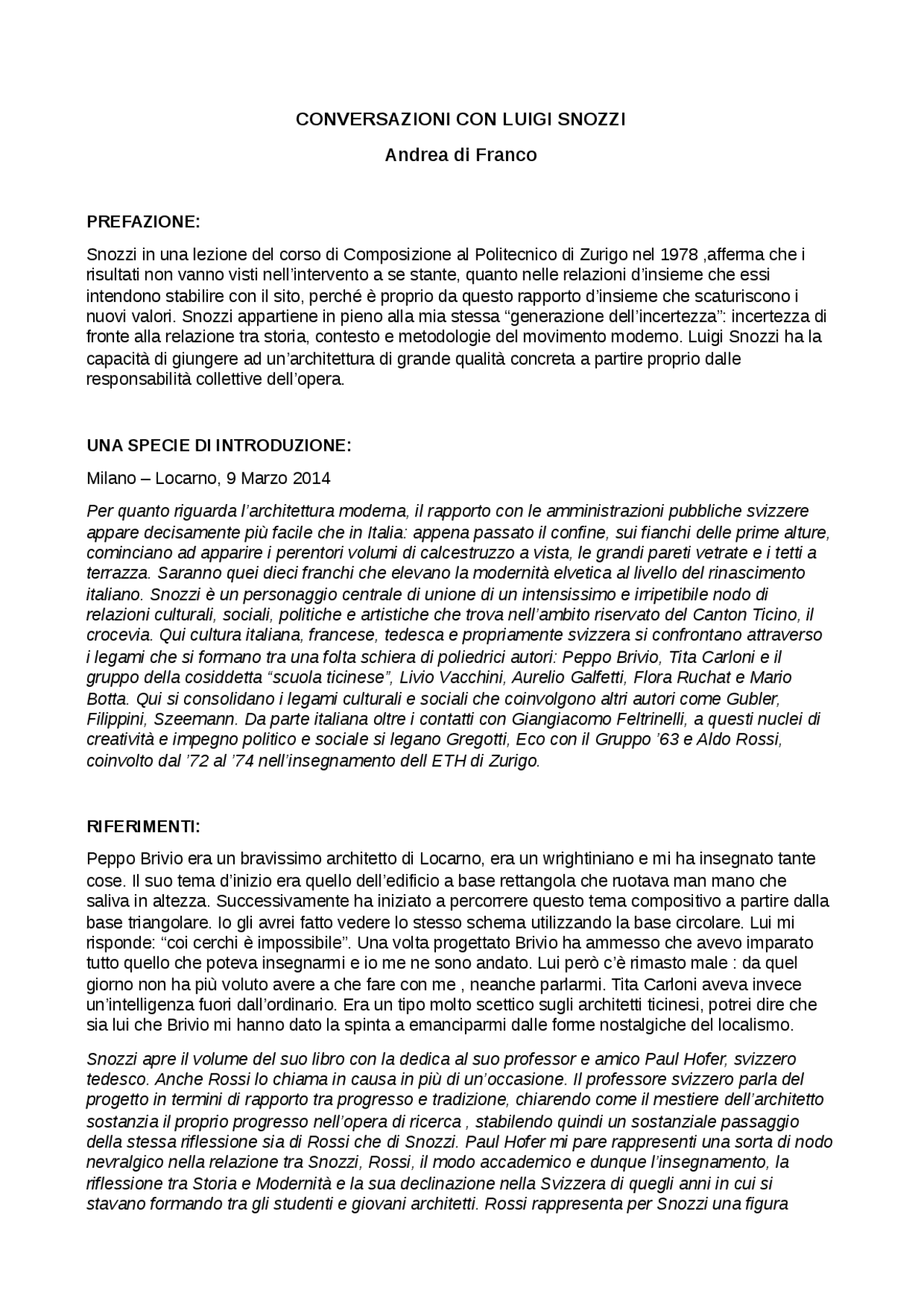 Riassunto Conversazioni Con Luigi Snozzi Docsity