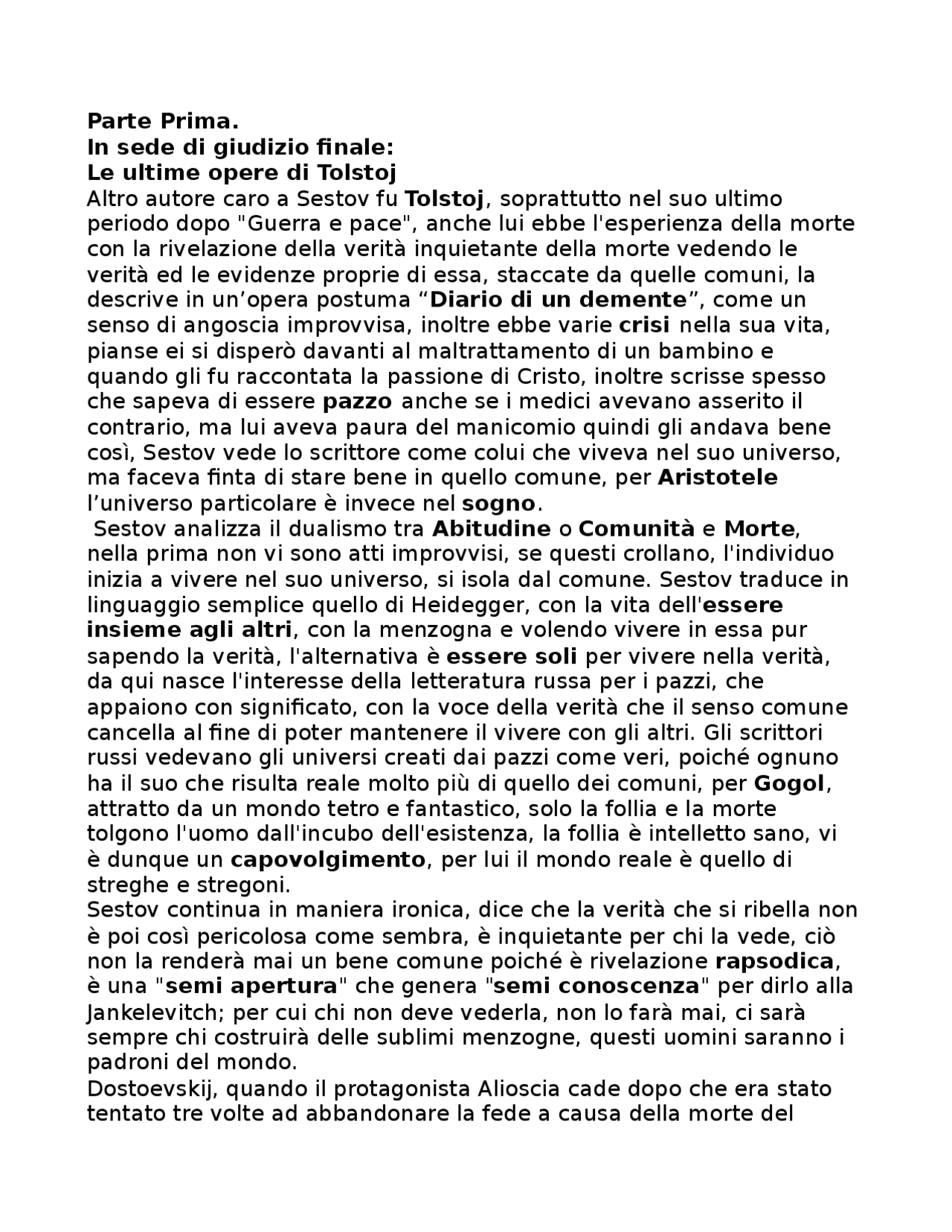 Sulla Bilancia Di Giobbe Di Sestov Riassunto Parte Prima Docsity