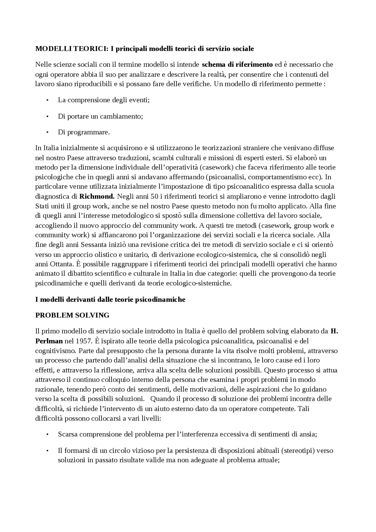 Modelli Teorici Del Servizio Sociale Docsity
