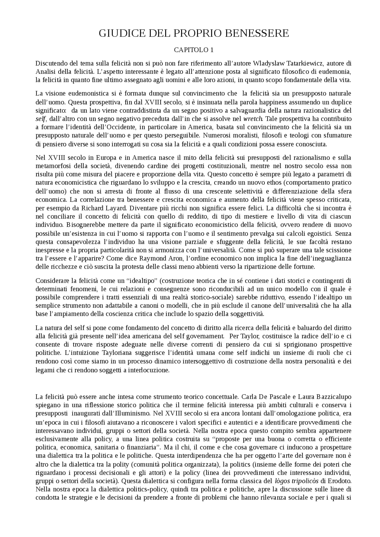 Riassunto Completo Giudice Del Proprio Benessere Di Graziani Docsity