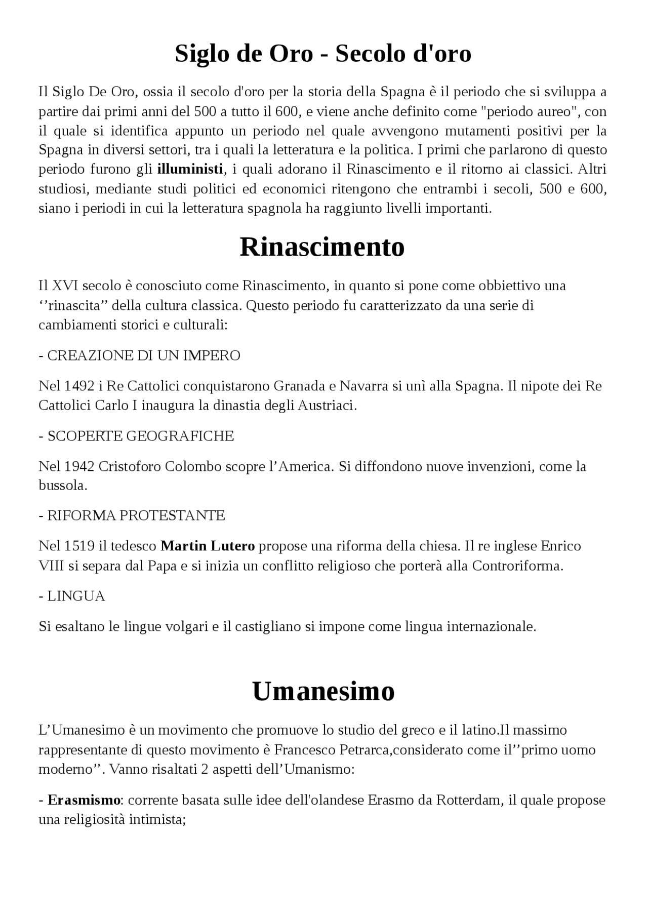 Siglo De Oro Spagnolo E Rinascimento Docsity