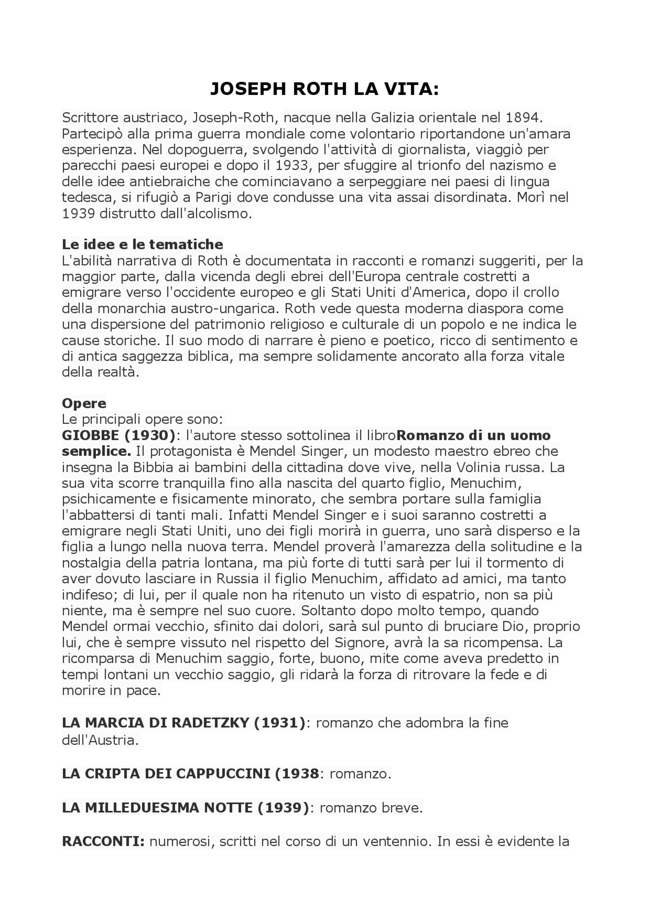 Joseph Roth La Vita E Le Opere Docsity