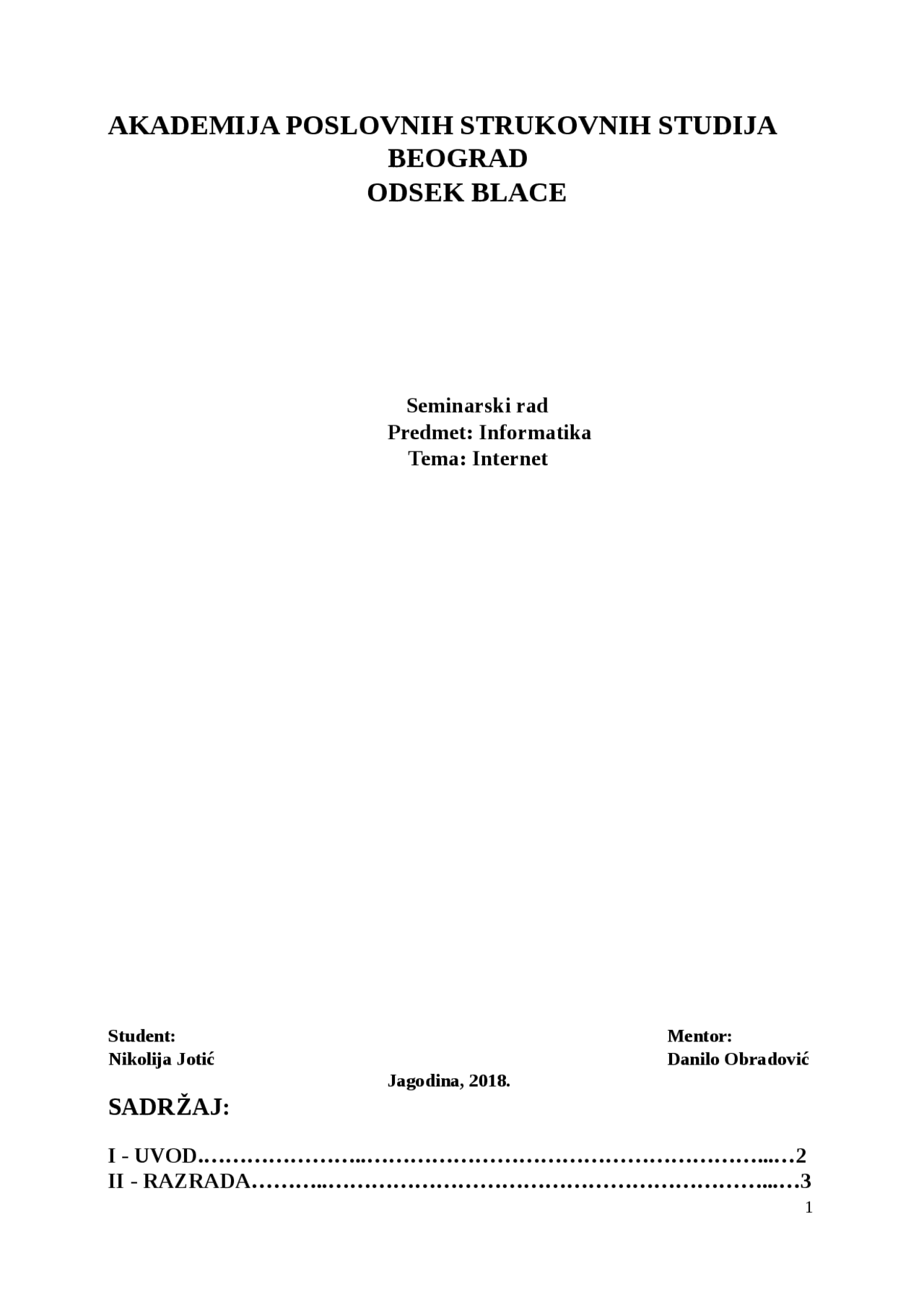 Pojam Interneta i njegova primena | Esej' predlog Informatika - Docsity