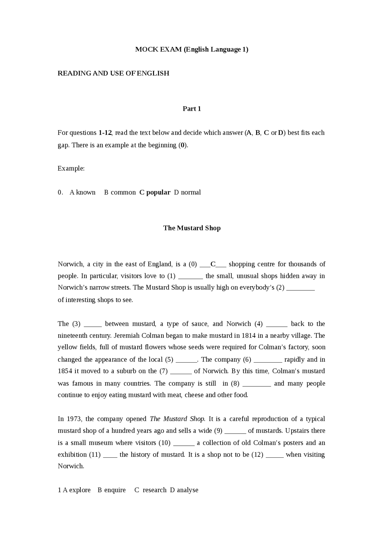 Mock Exam English Language 1 - Docsity
