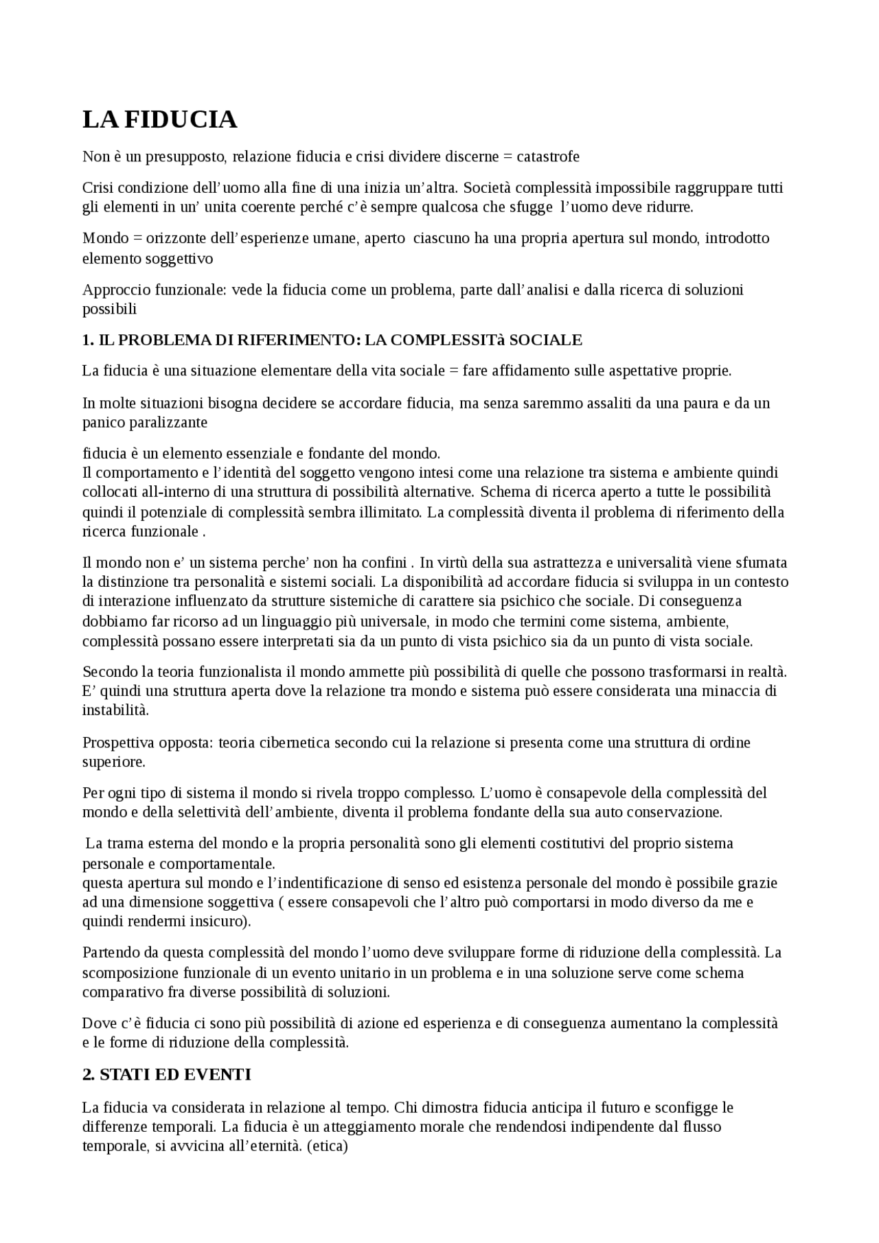 Riassunto Del Libro La Fiducia Di Niklas Luhmann 2002 Docsity