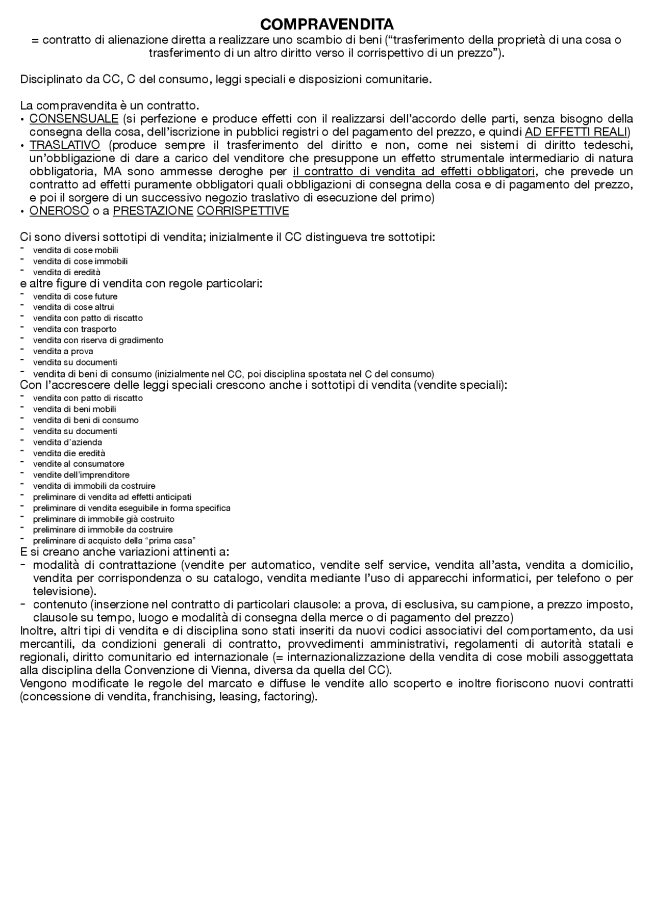 Riassunto La Compravendita Docsity