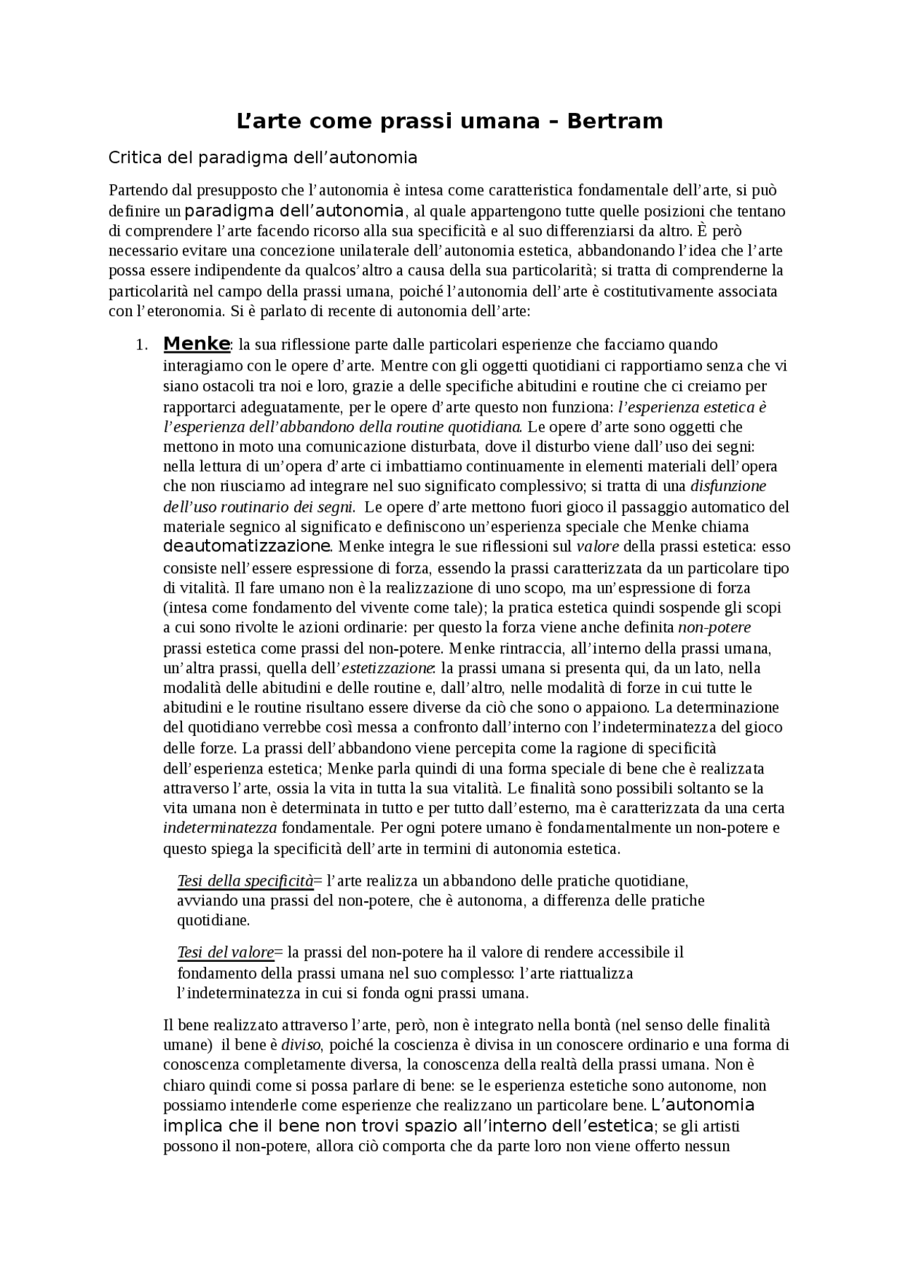 Riassunto Completo Larte Come Prassi Umana Di Bertram Docsity