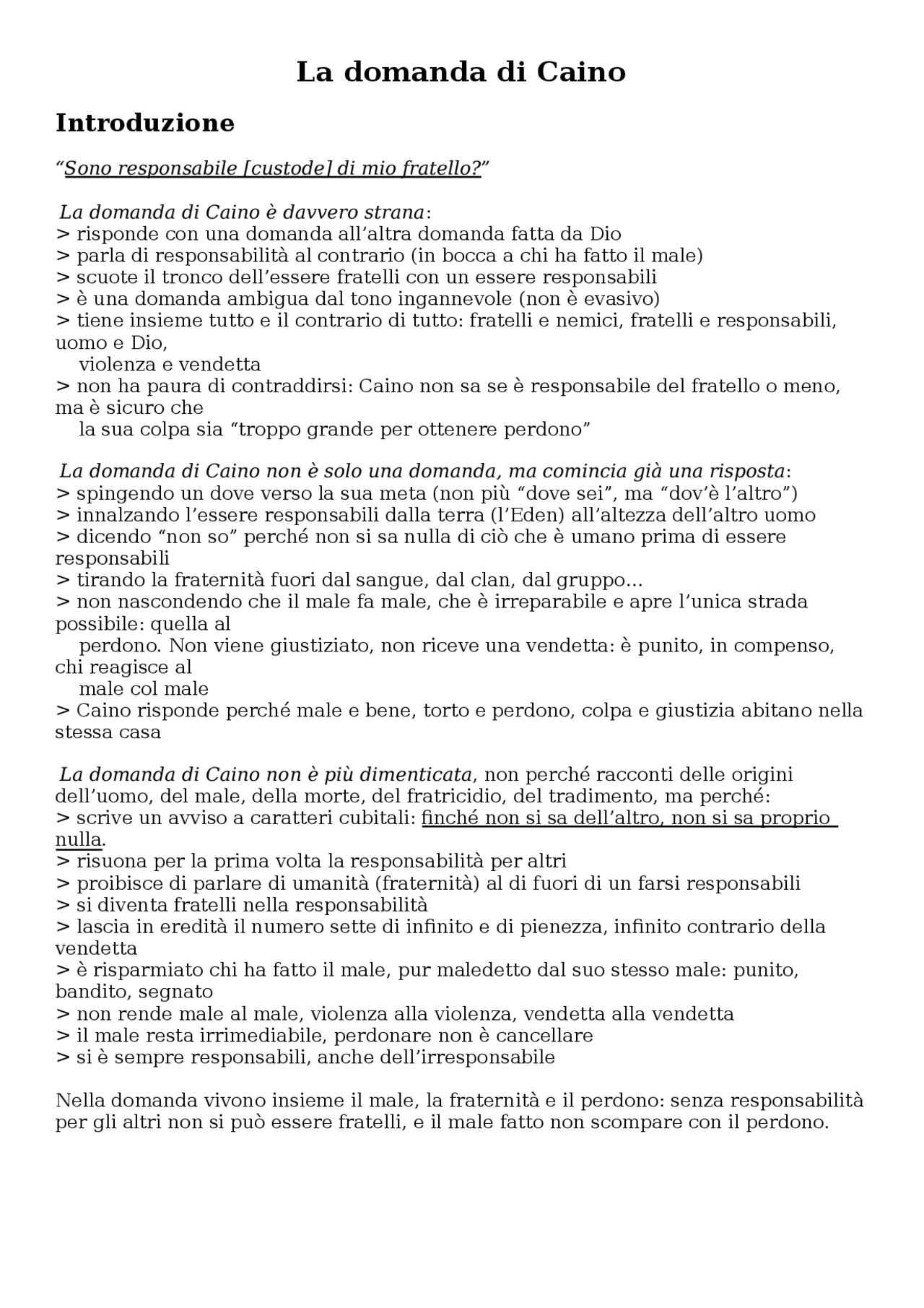 Riassunto La Domanda Di Caino Di Franco Riva Docsity