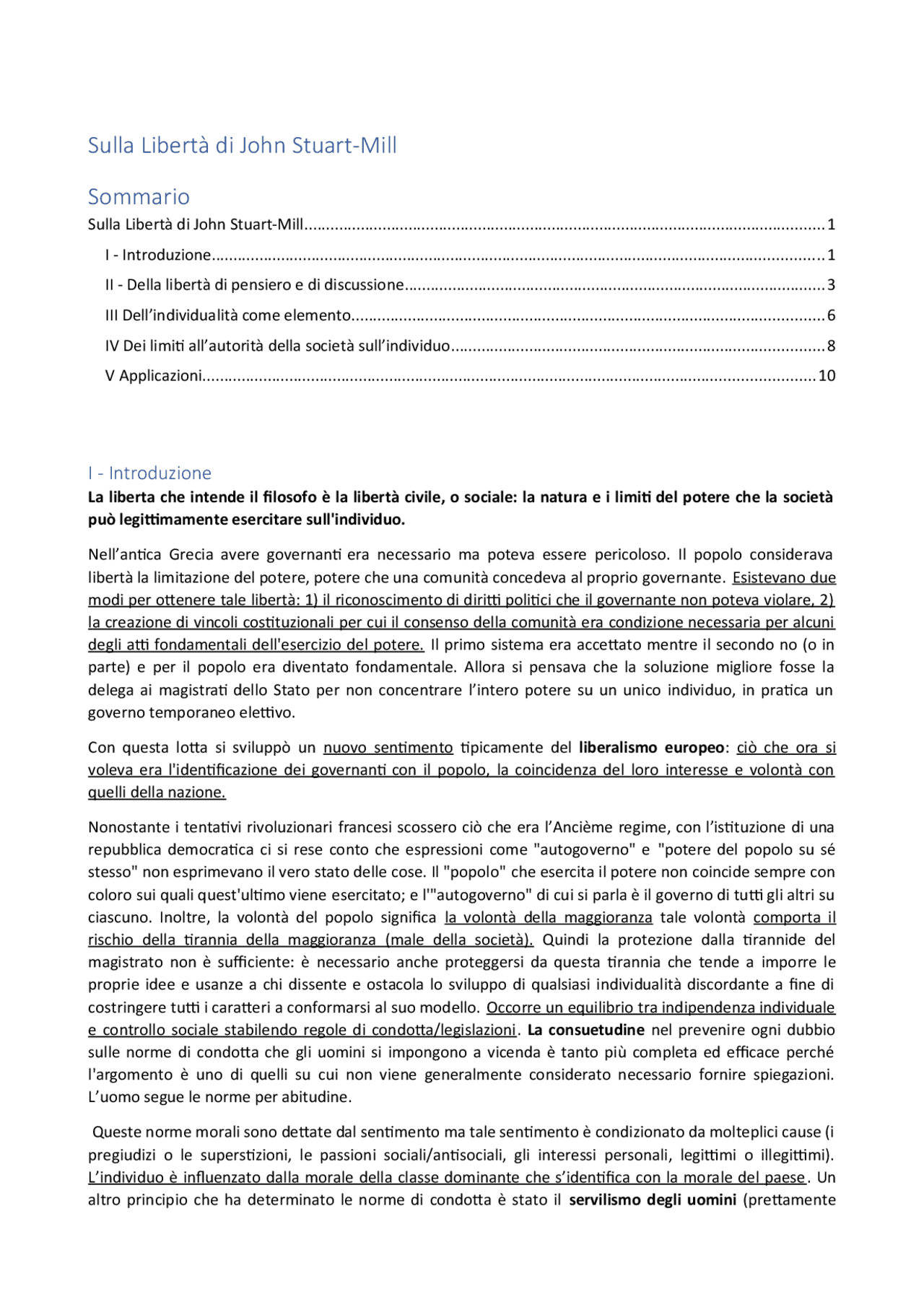 Riassunto "Sulla libertà" di John Stuart Mill - Docsity