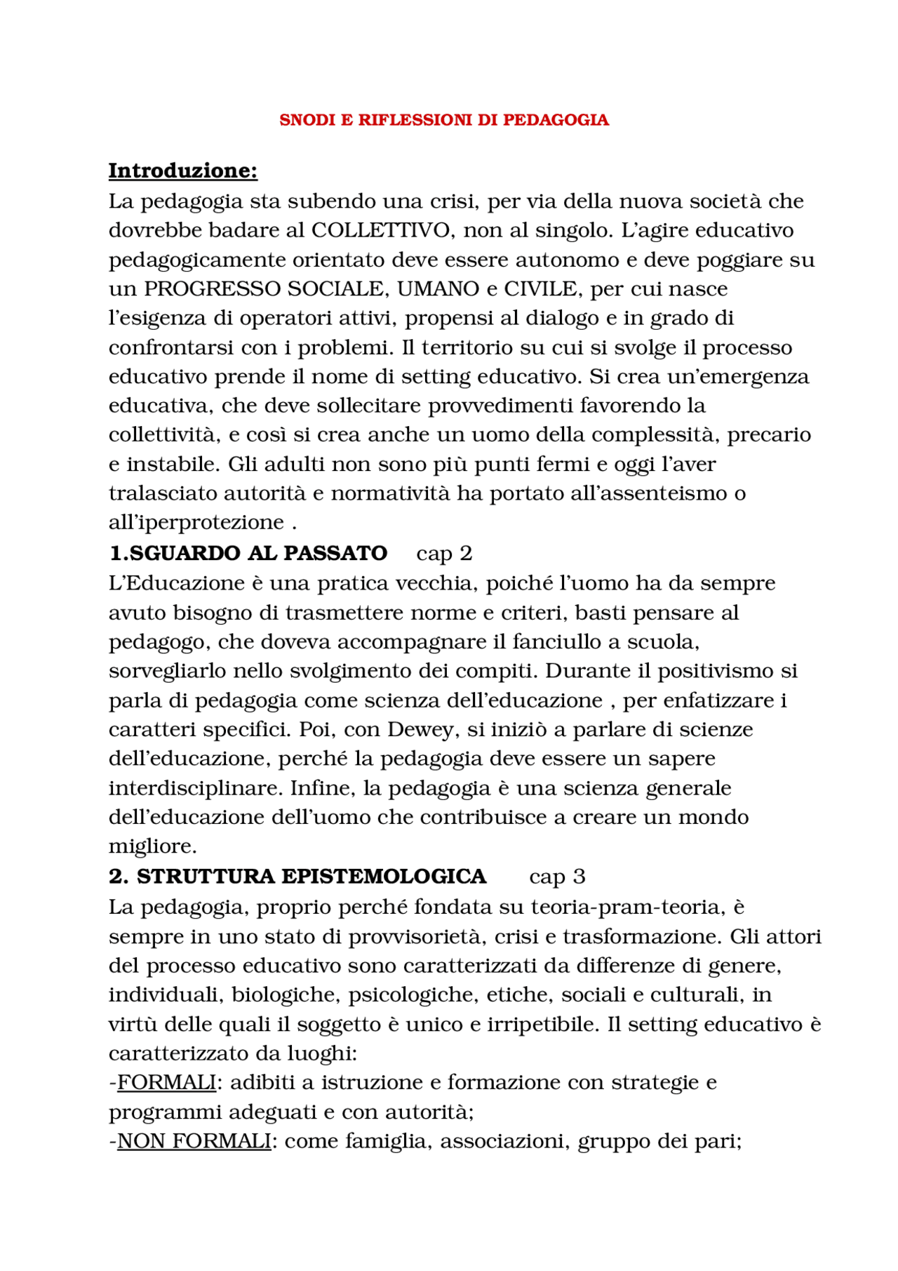 Riassunto Snodi E Riflessioni Di Pedagogia Docsity