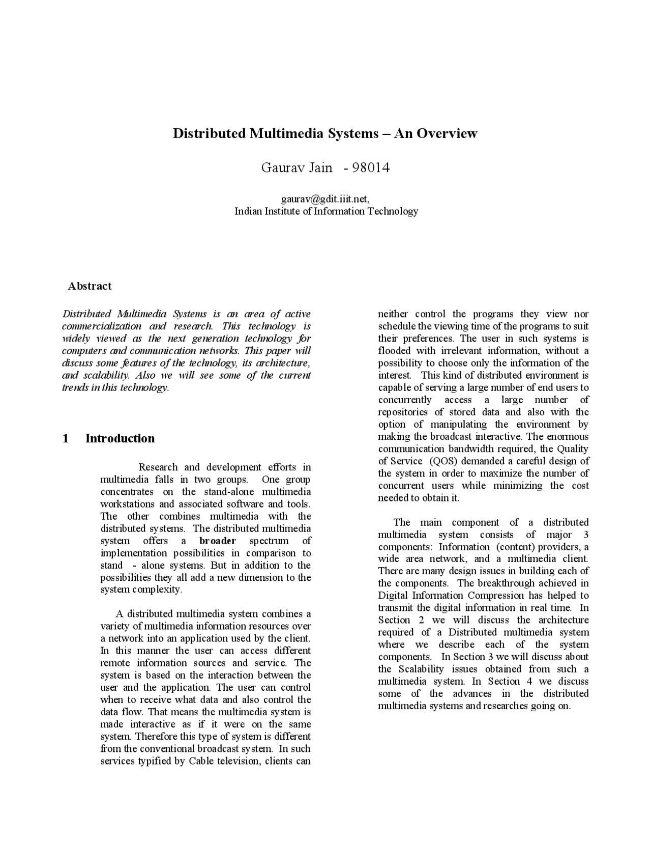 Distributed Multimedia System Summaries Distributed Database