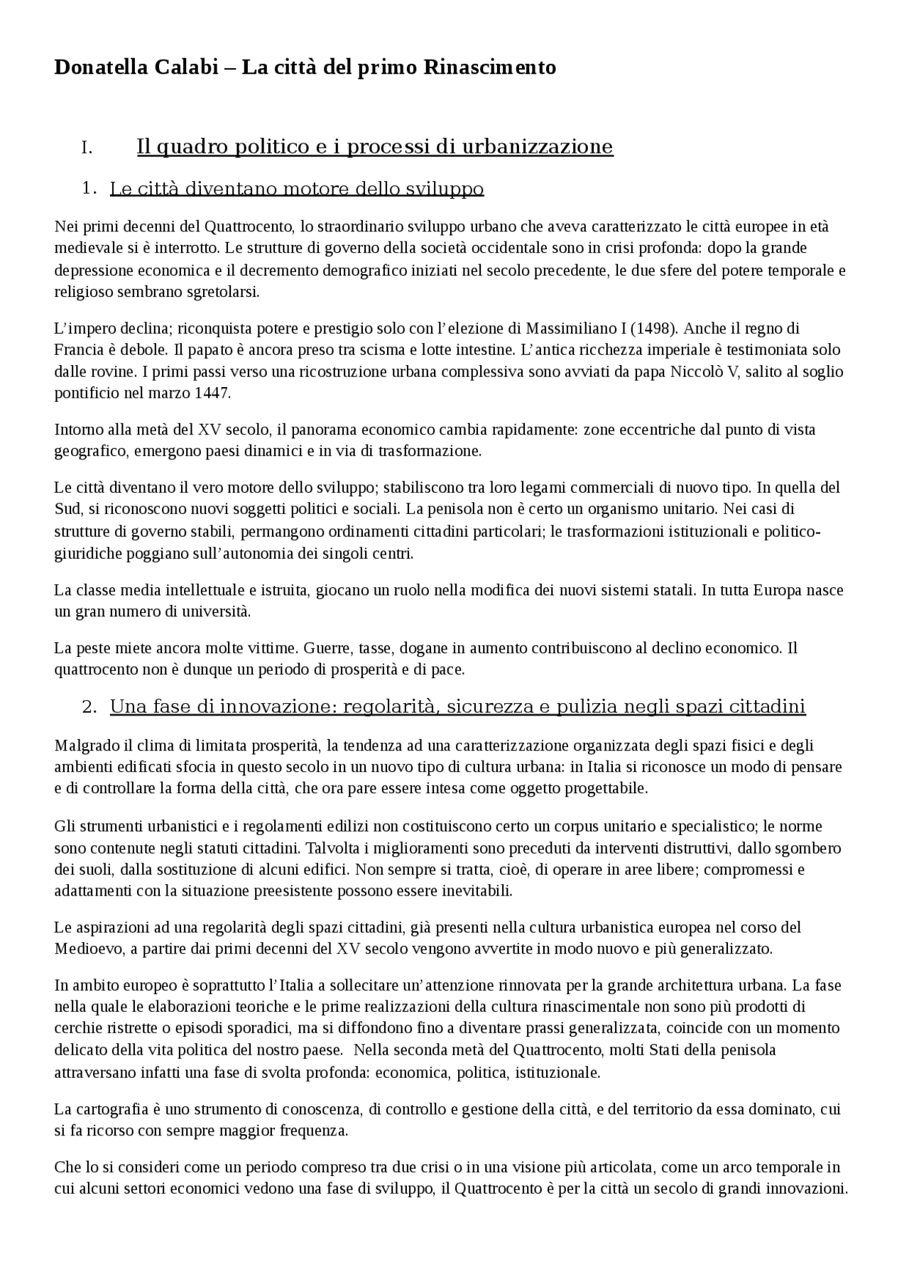 Donatella calabi - la città del primo rinascimento - Docsity