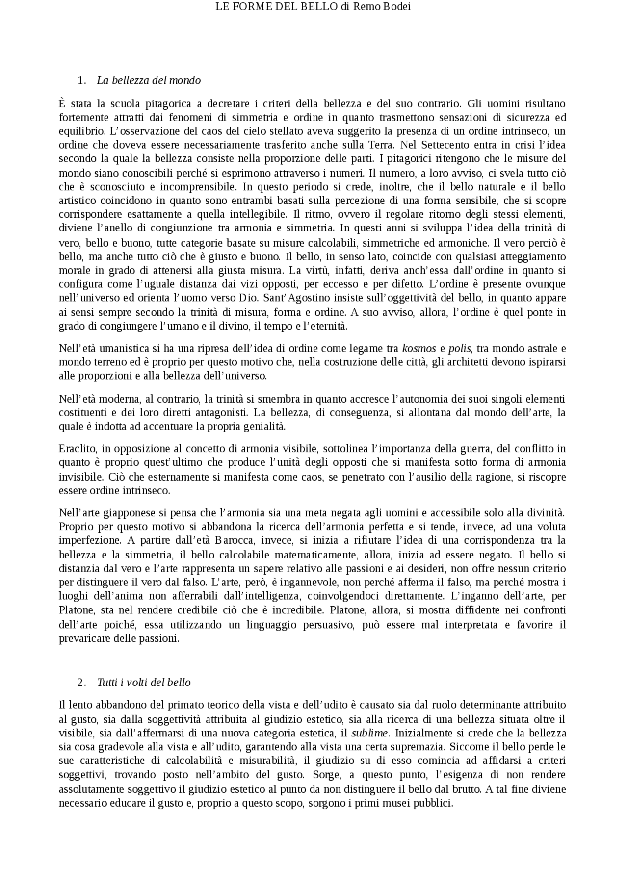 Riassunto Le Forme Del Bello Docsity