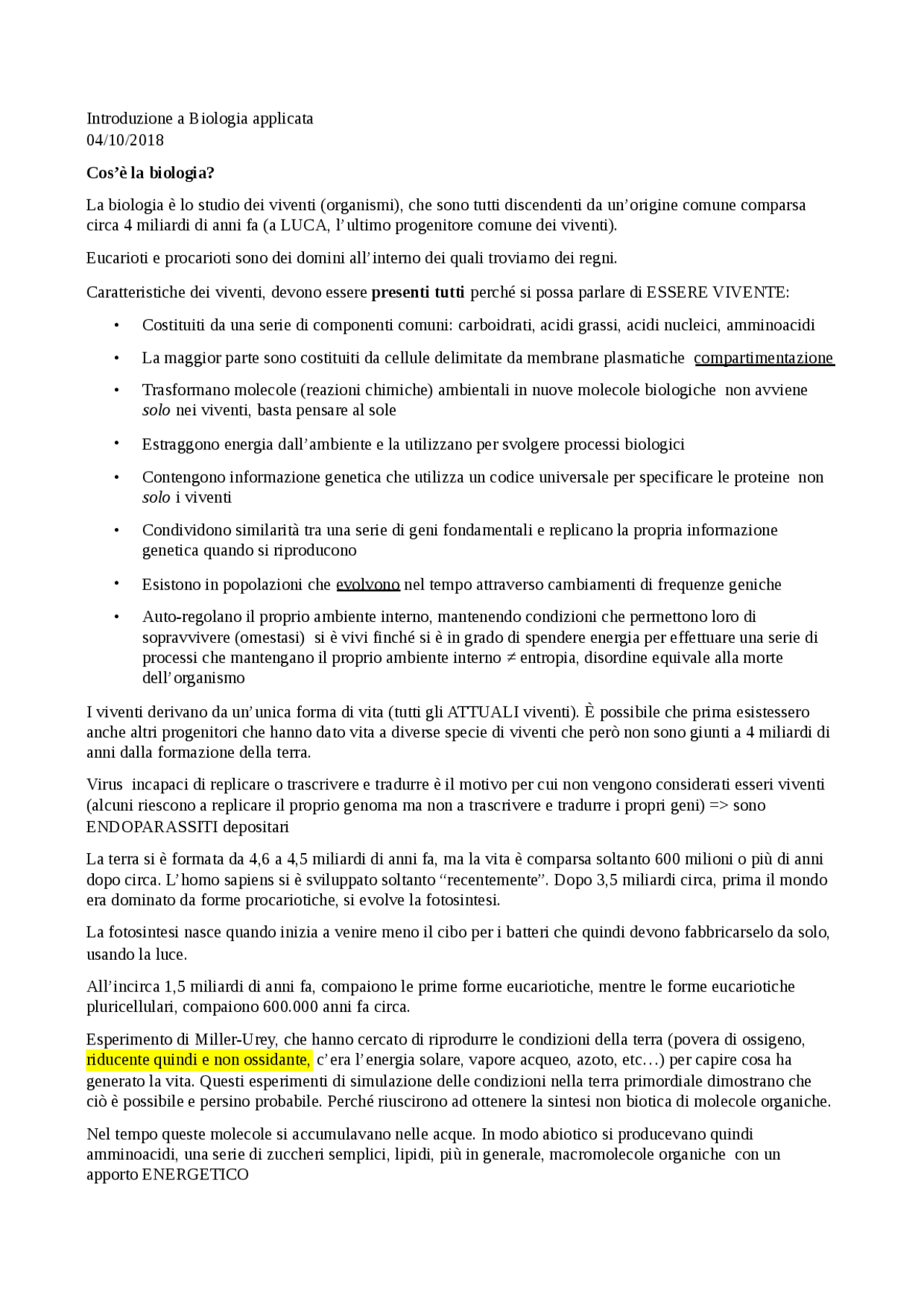 Introduzione alla biologia applicata - Docsity