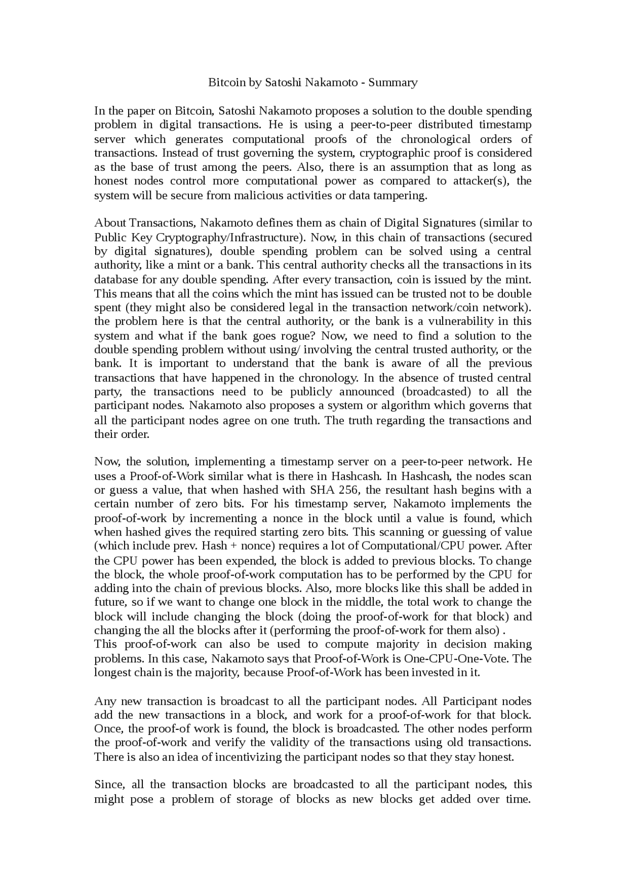 Bitcoin Summary : An Essay - Docsity