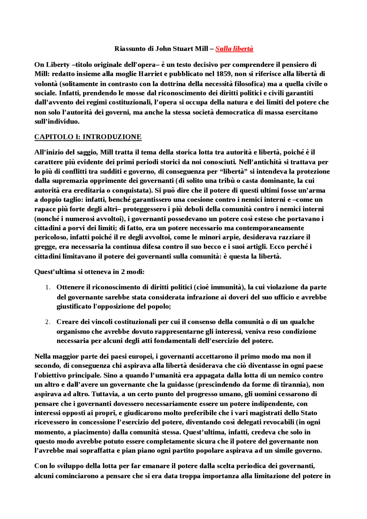 Sulla Libertà Riassunto Docsity
