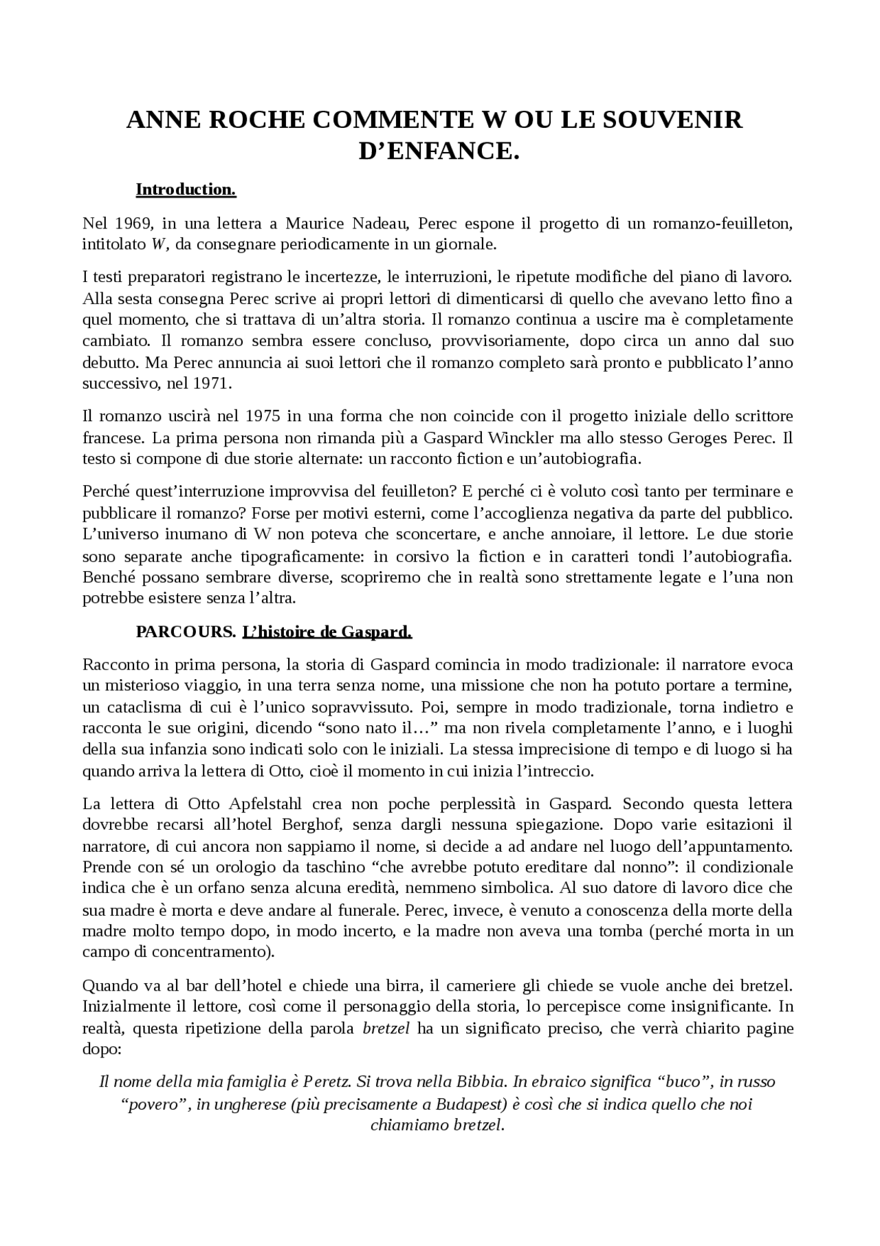 ANNE ROCHE COMMENTE W OU LE SOUVENIR D’ENFANCE. - Docsity