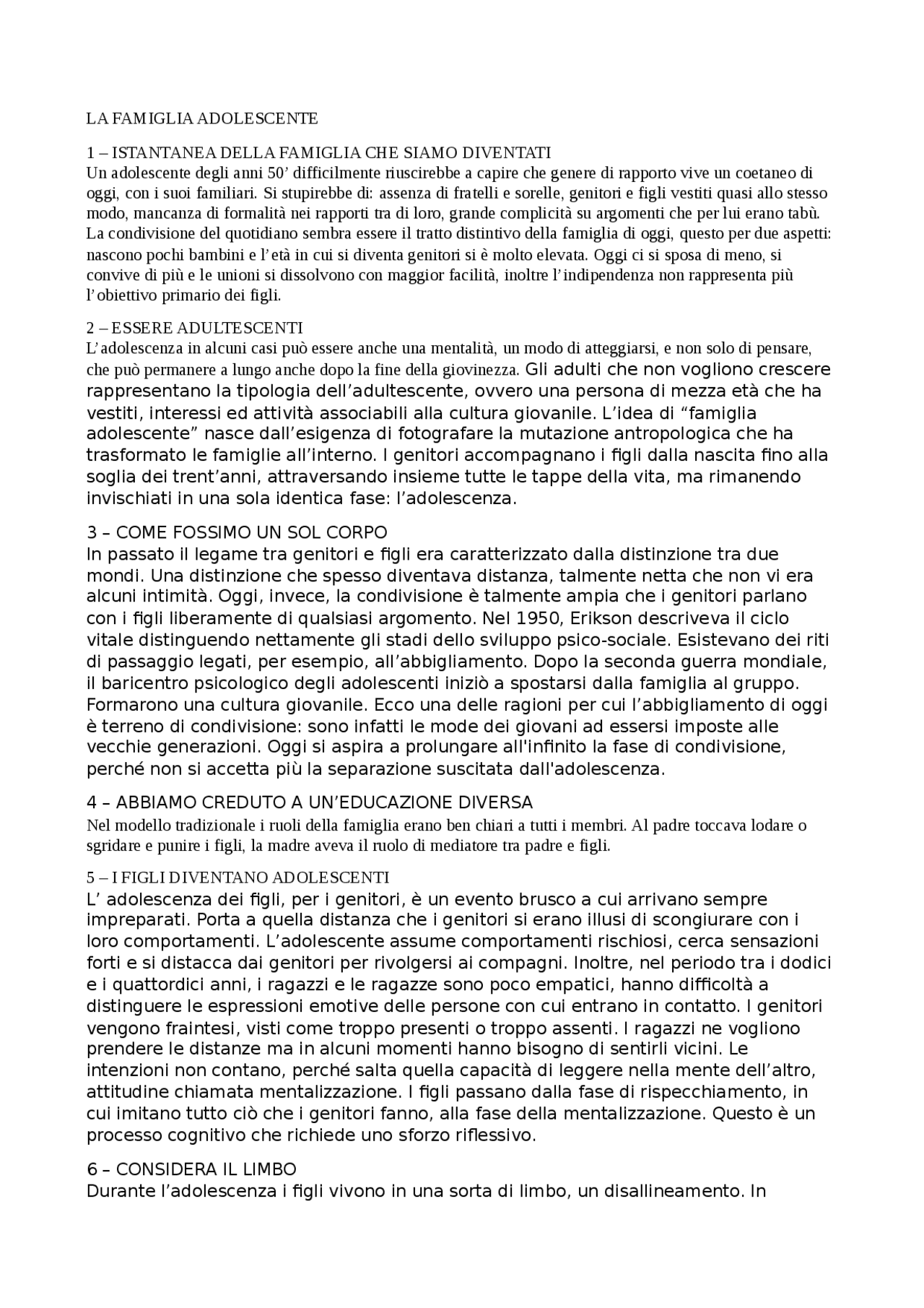 La Famiglia Adolescente Docsity