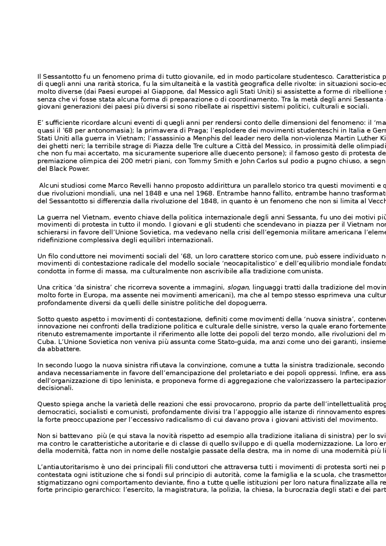 Il 68 in Italia e nel Mondo - Docsity