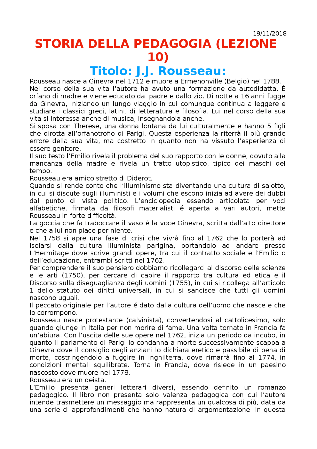 Jj Rousseau Appunti Di Storia Della Pedagogia Docsity