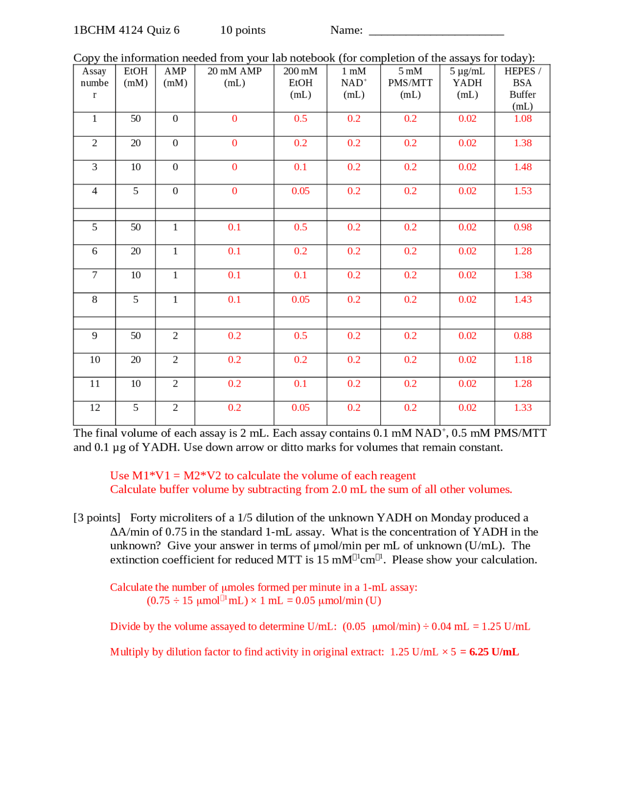 Solution To Quiz 6 Lab Problems Biochemistry Bchm 4124 Quizzes