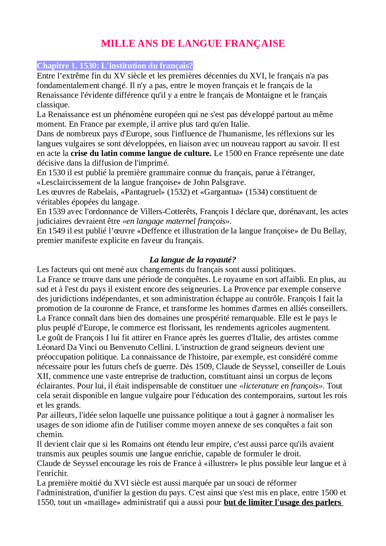 Mille Ans De Langue Française Cap 1 A 4 Docsity