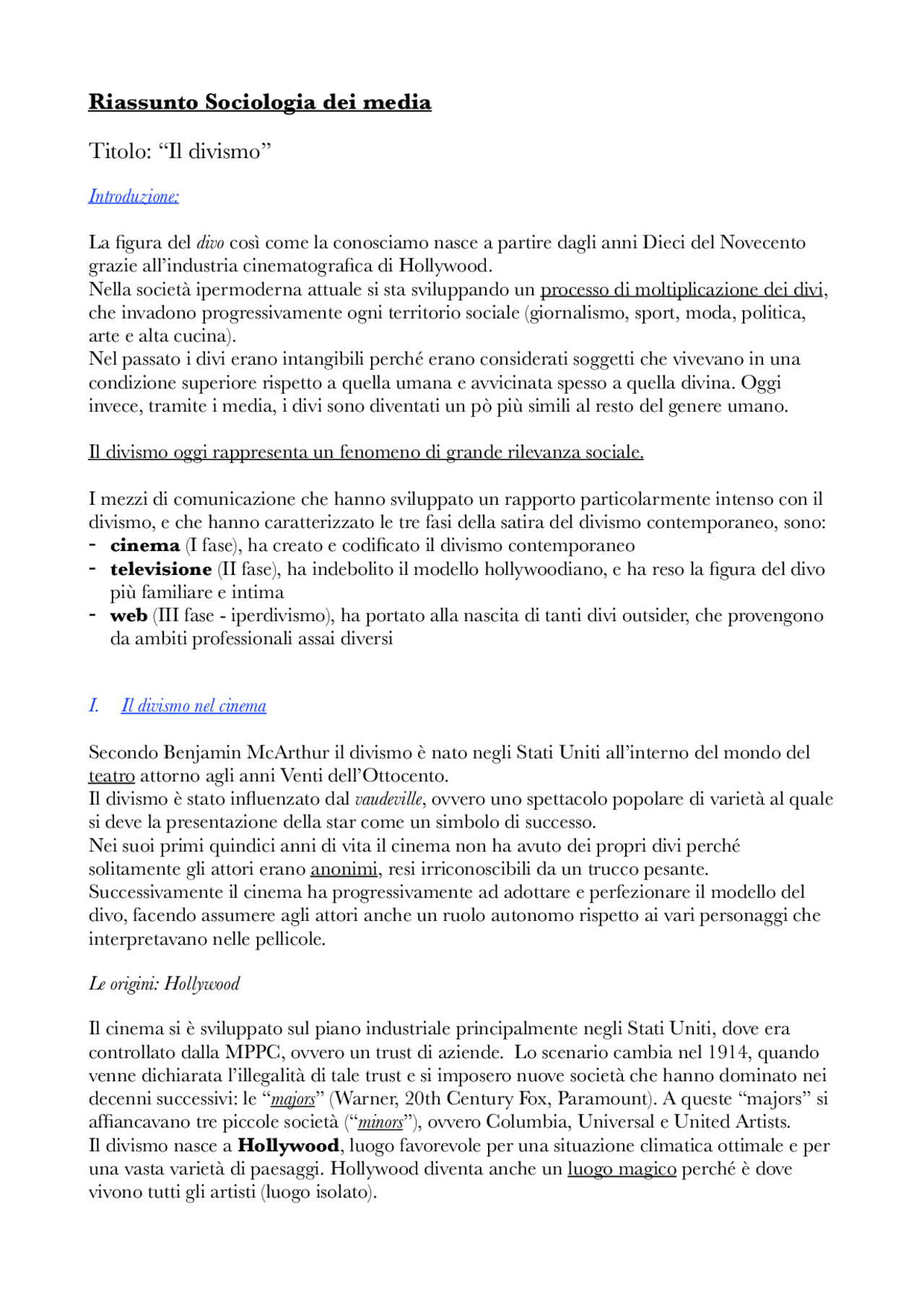 Riassunto Libro Divismo Docsity